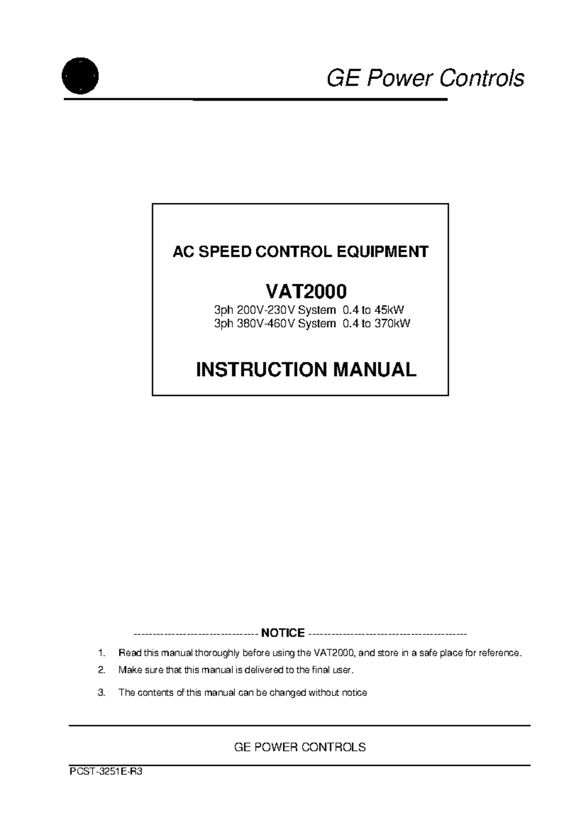 Ge-vat2000-manual - vat2000 MANUAL - GE Power Controls AC SPEED CONTROL ...