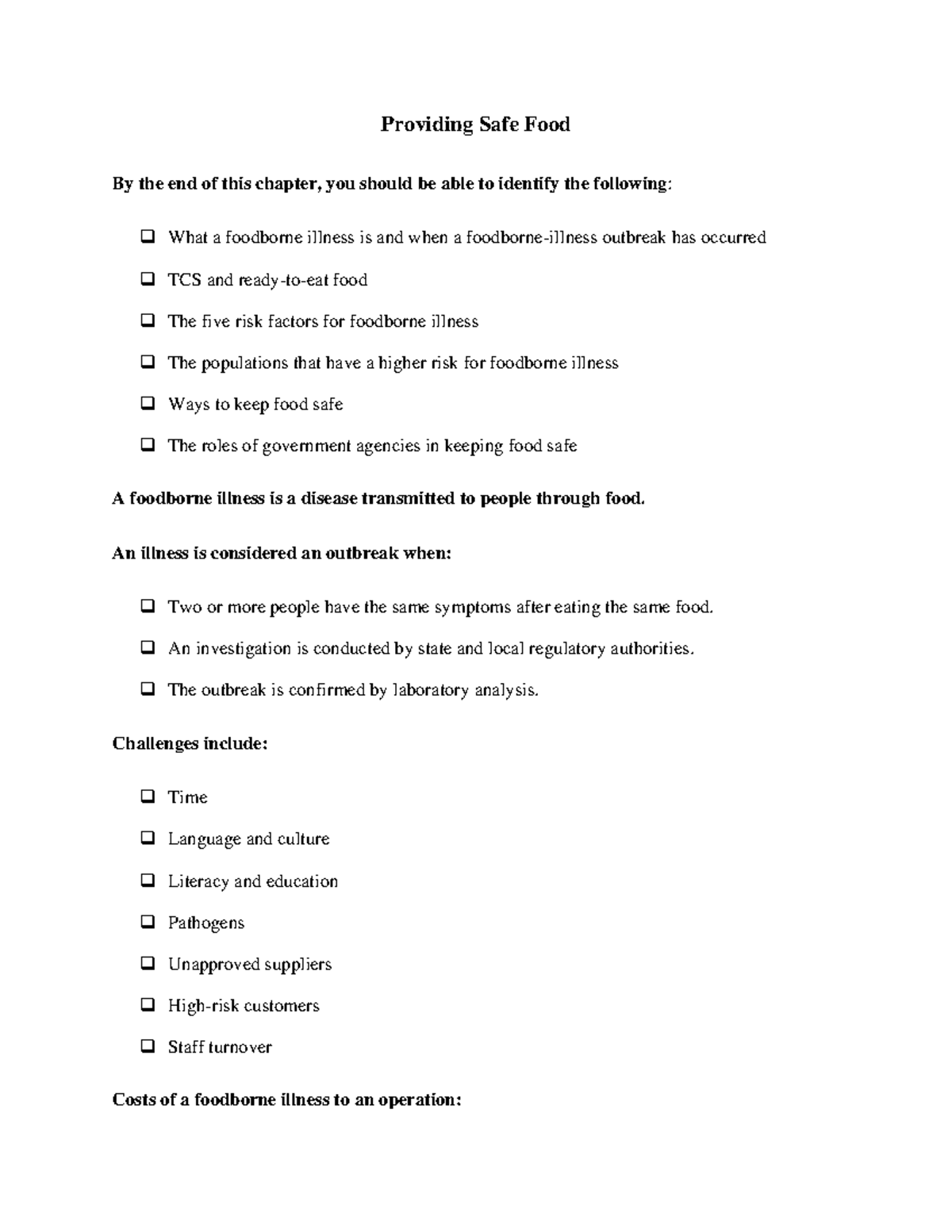 Sanitation notes 1 - Providing Safe Food By the end of this chapter ...