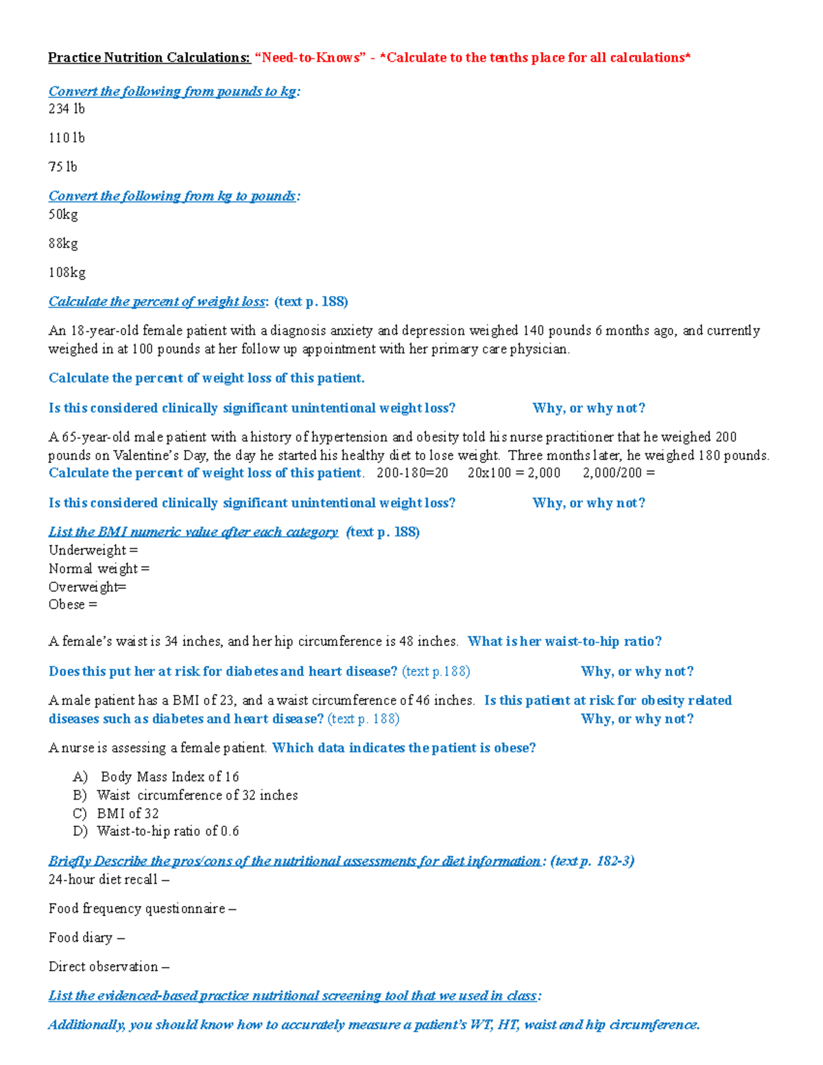 Practice Nutrition Calculations(Student)-4 - Practice Nutrition ...