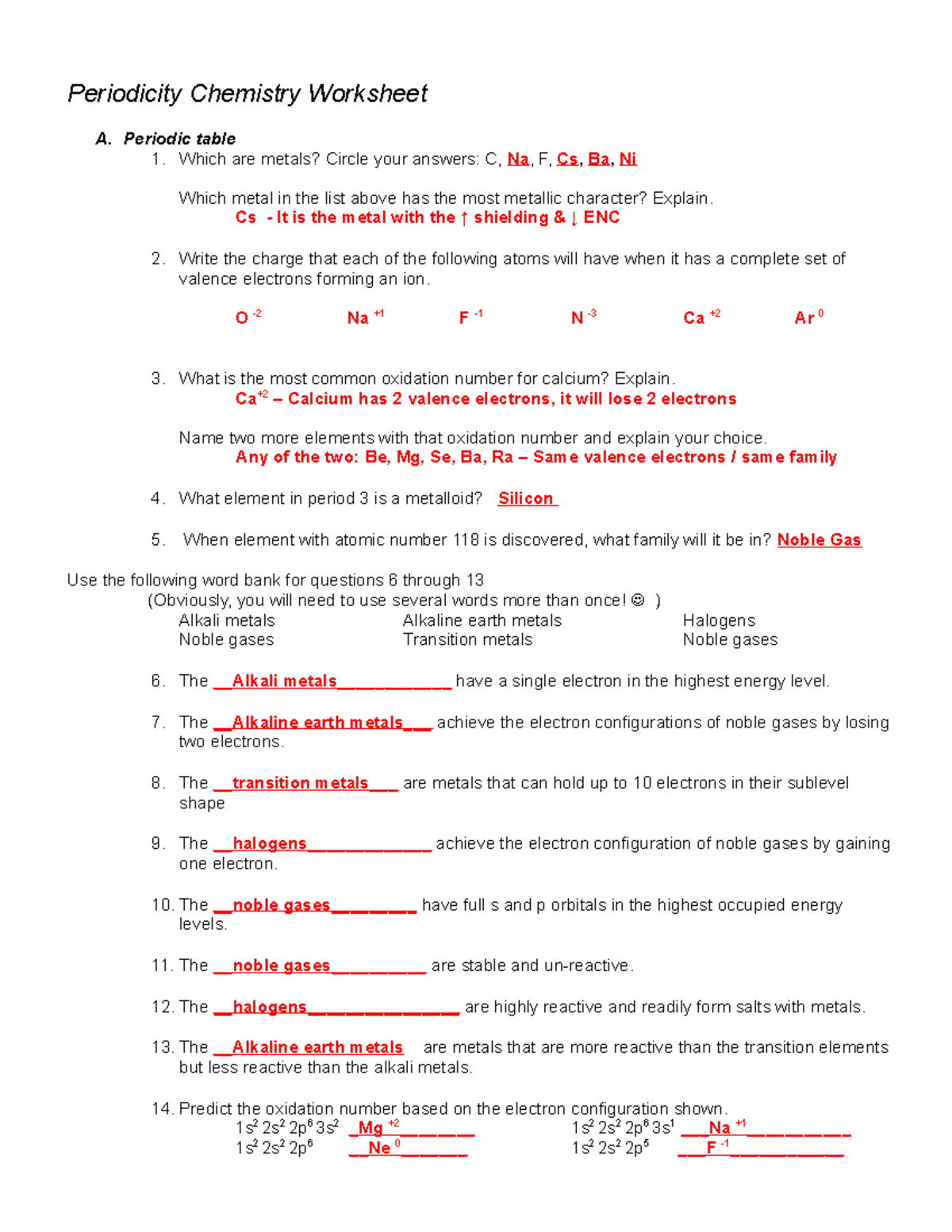 D4 D5 Periodicity Chemistry KEY - Periodicity Chemistry Worksheet A ...