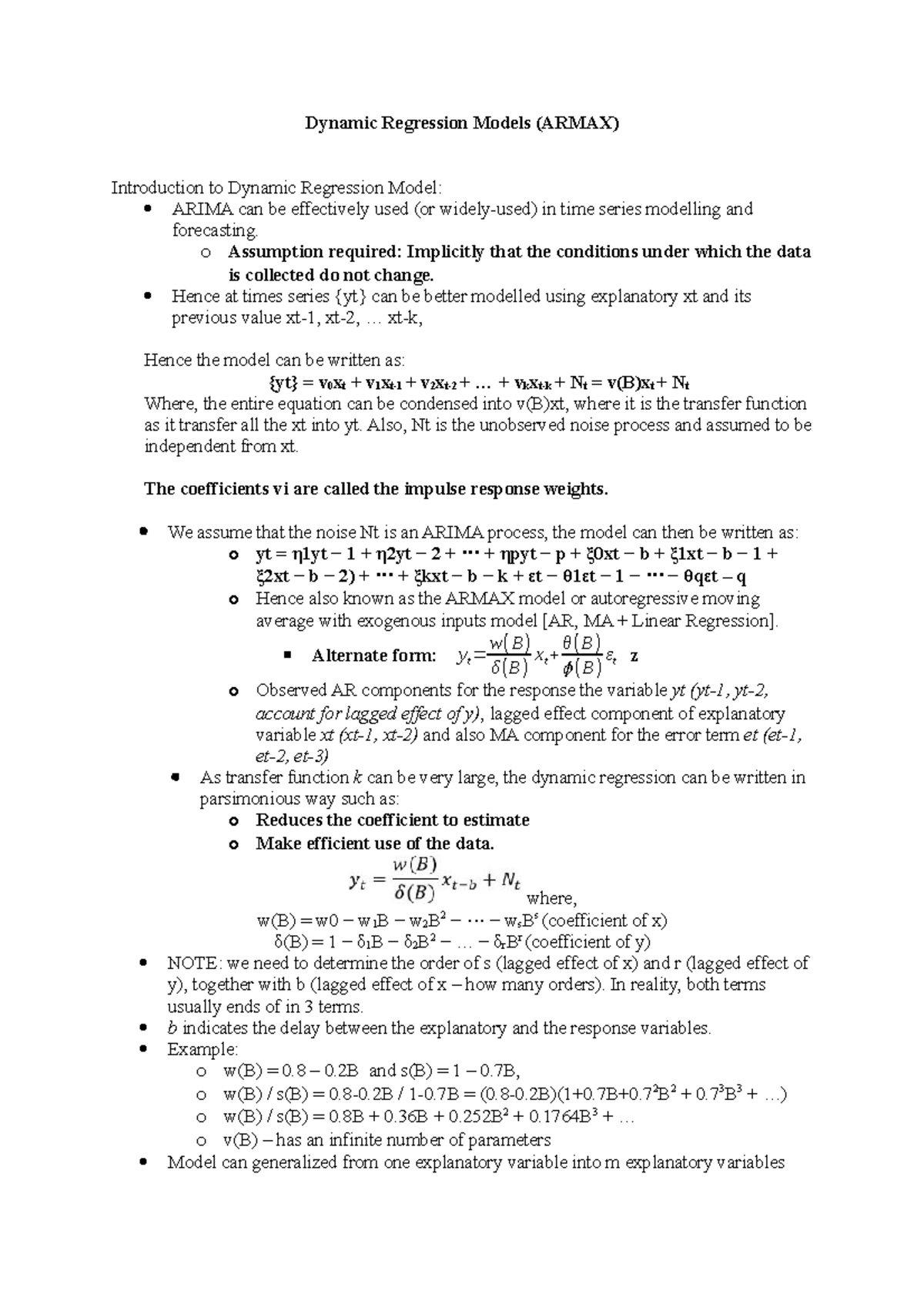 Dynamic Regression Models - o Assumption required: Implicitly that the conditions under which ...