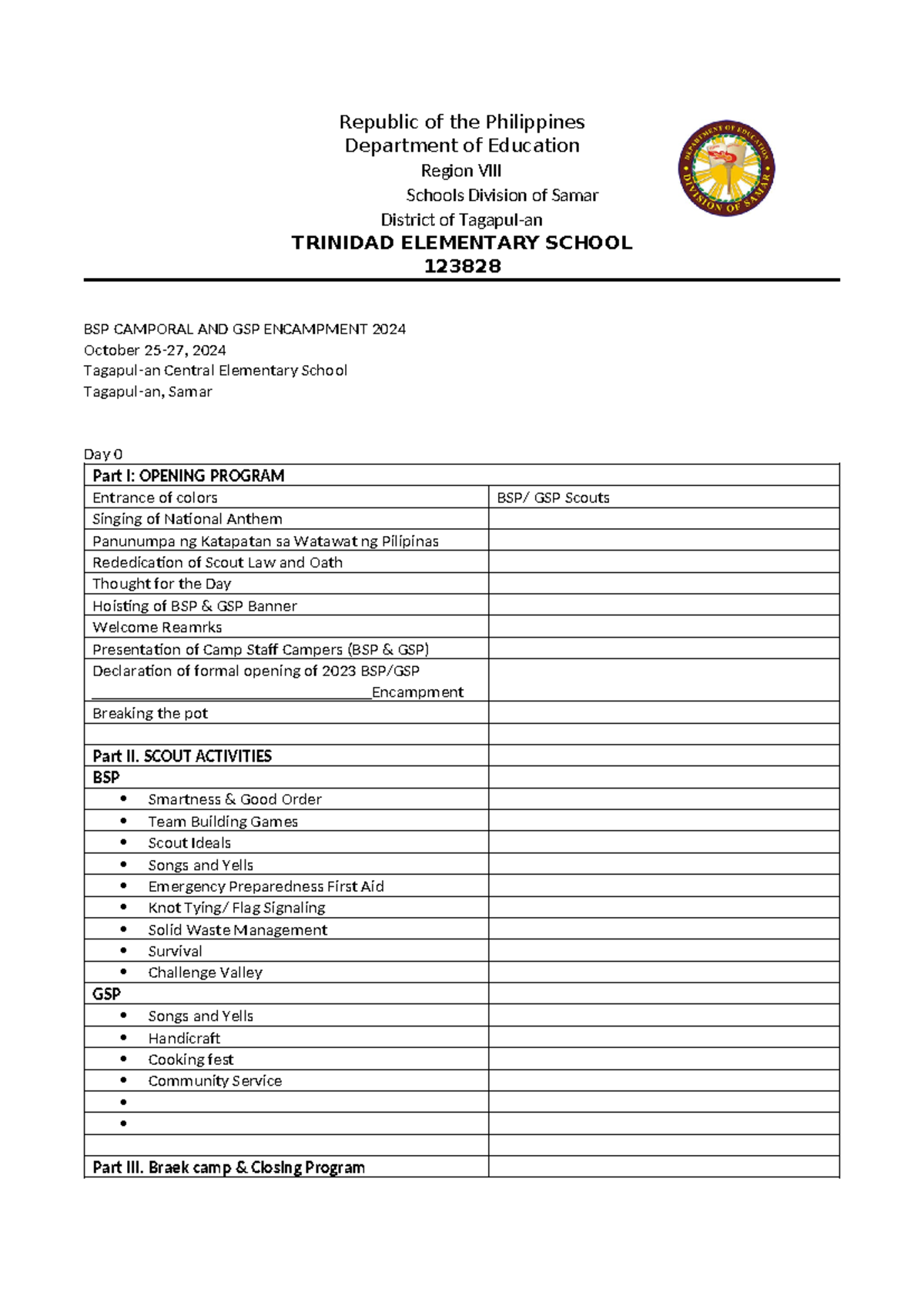 Narrative Accomplishment Report on National Learning Camp program of ...