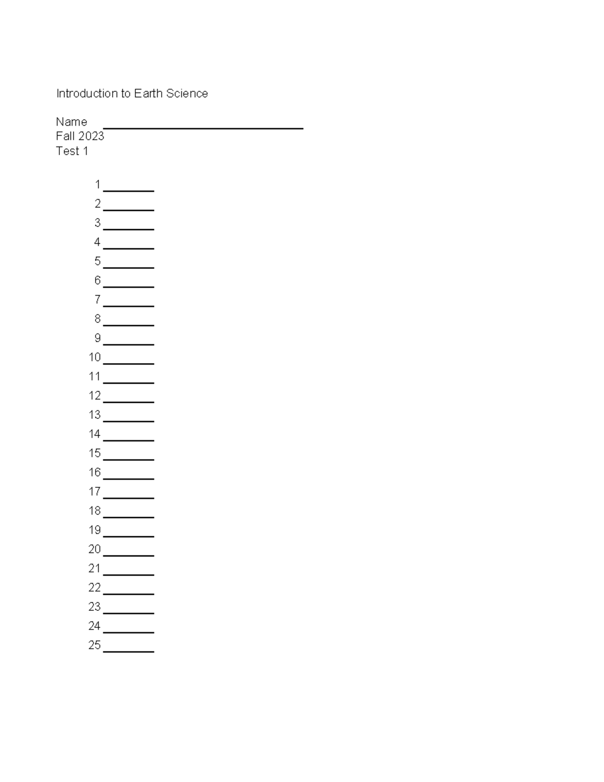 Earth Science FAll 2023 Test 1 r1-1 - Introduction to Earth Science ...