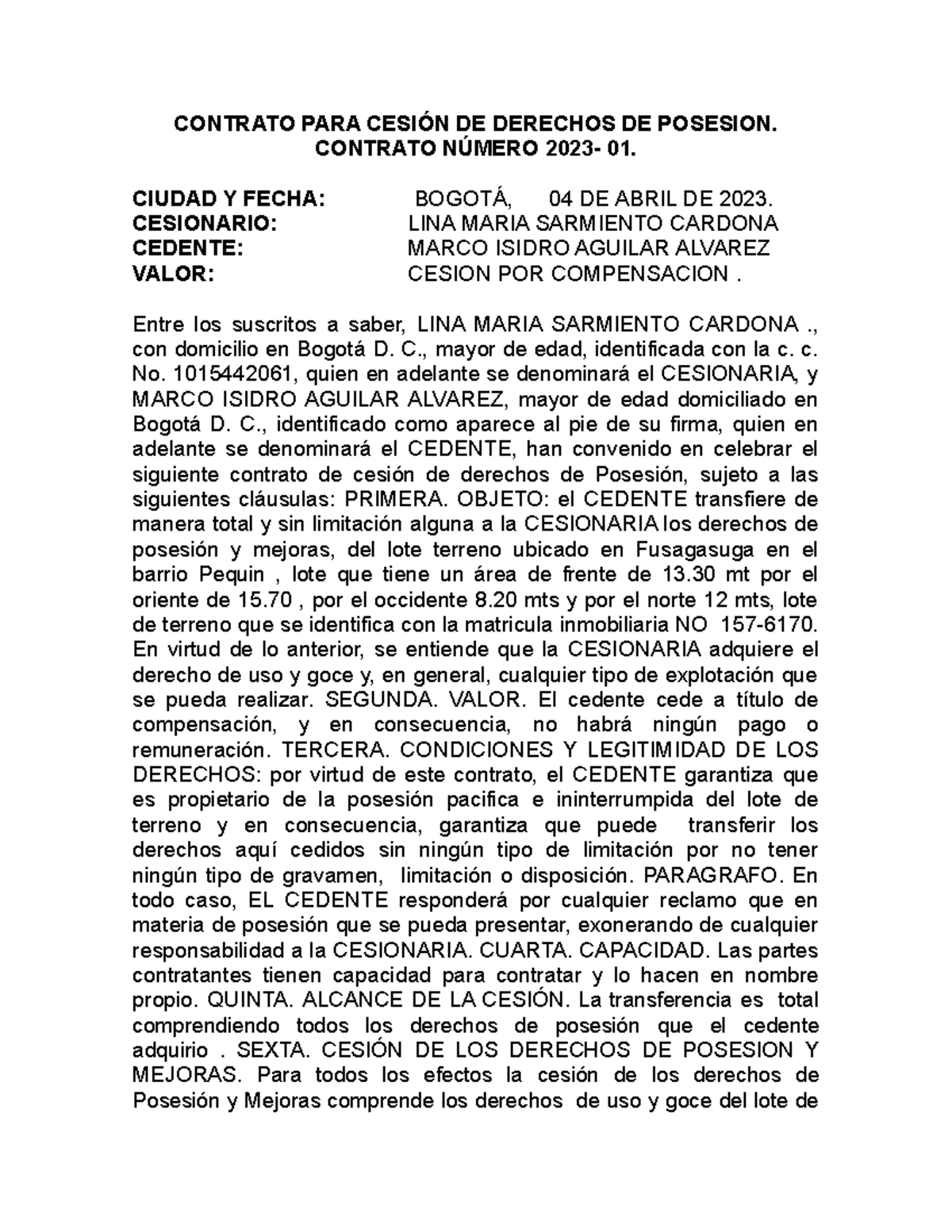 Contrato para cesión de posesion - CONTRATO PARA CESIÓN DE DERECHOS DE ...