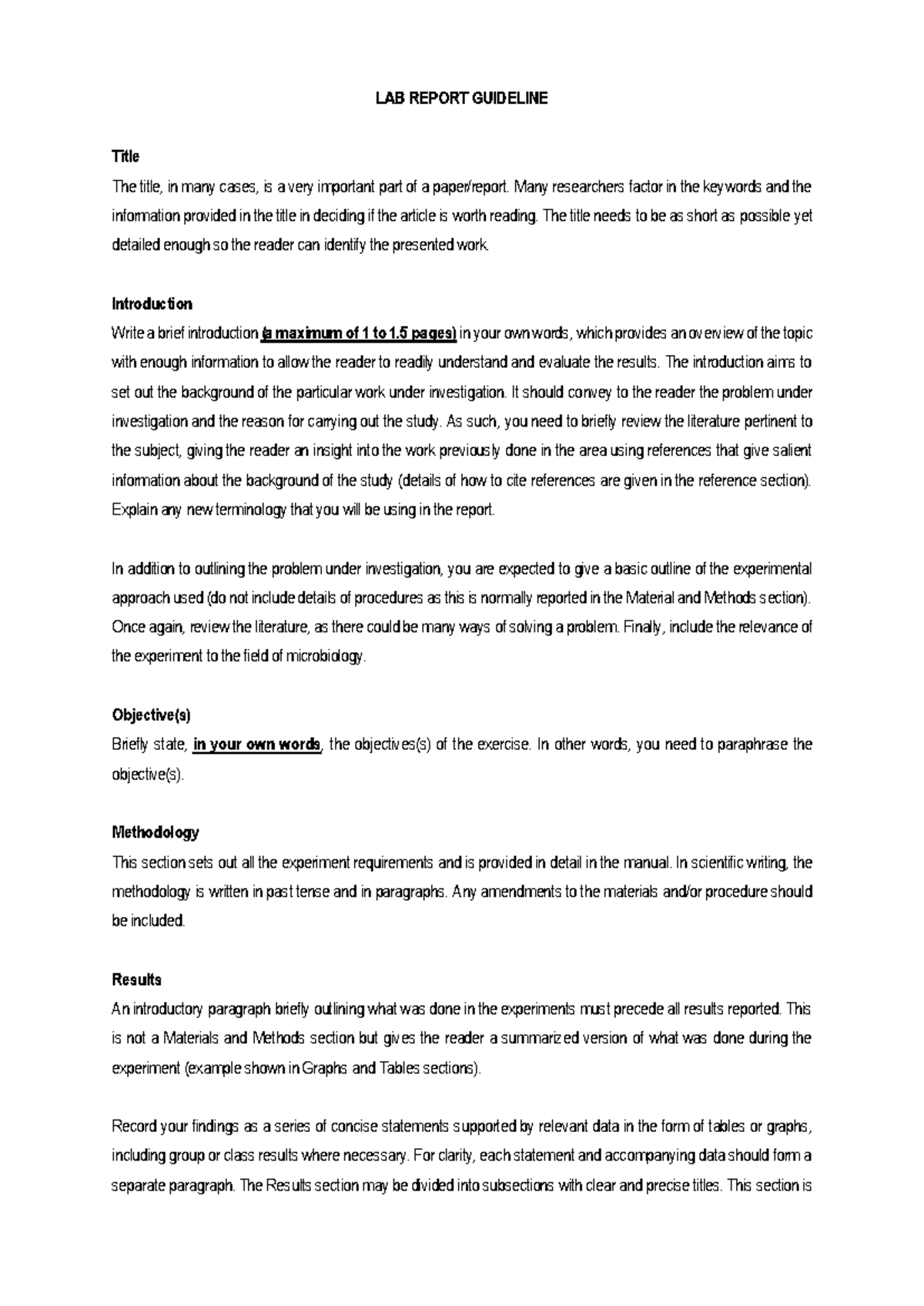 Report Writing Guideline - LAB REPORT GUIDELINE Title The title, in ...