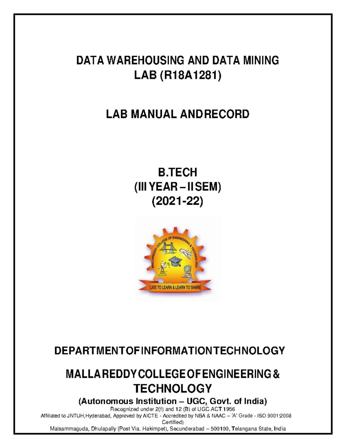 Data Warehousing and Data Mining Lab - DATA WAREHOUSING AND DATA MINING LAB (R18A1281) LAB ...