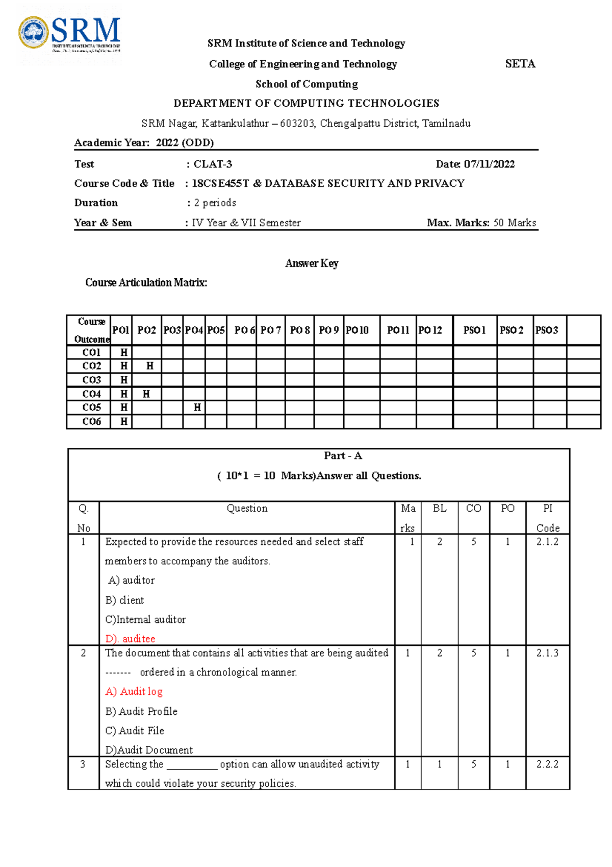 Ct3 Set A Answer Key Srm Institute Of Science And Technology College Of Engineering And