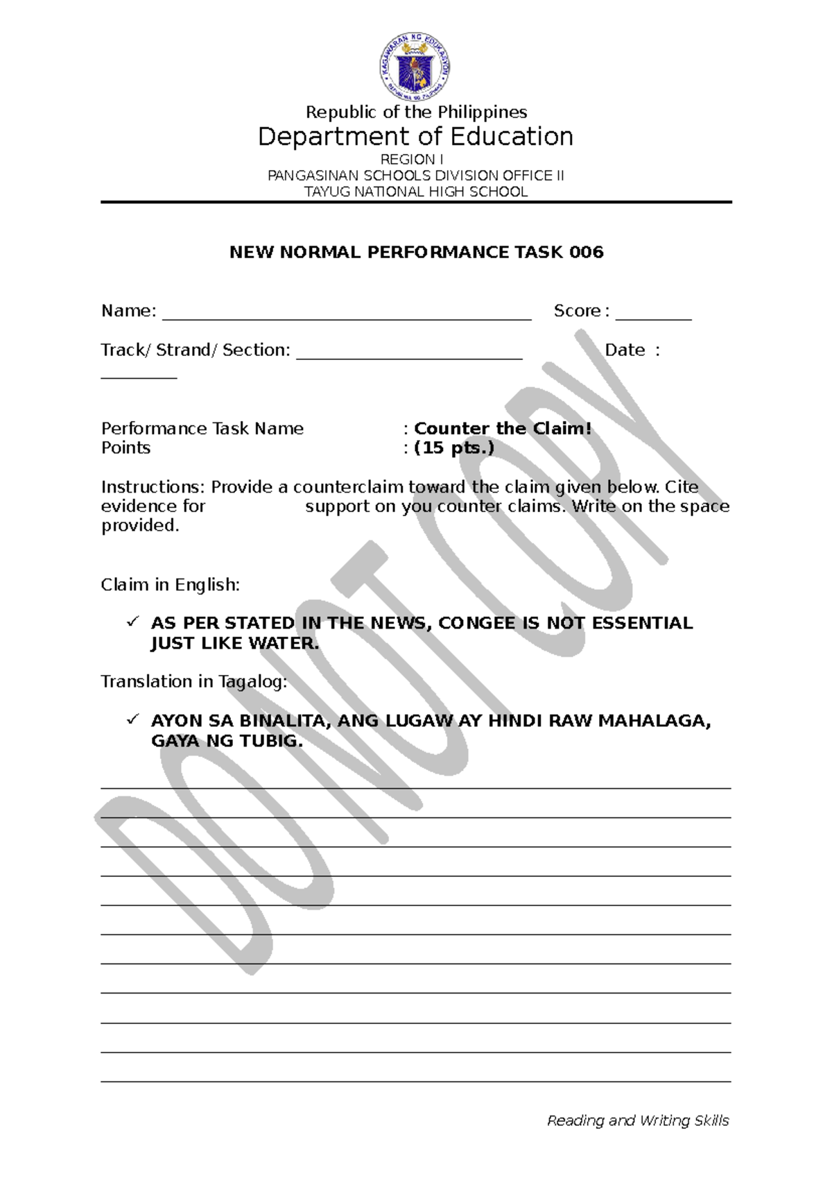 Q4 New Normal Performance Task 006 - Republic of the Philippines ...