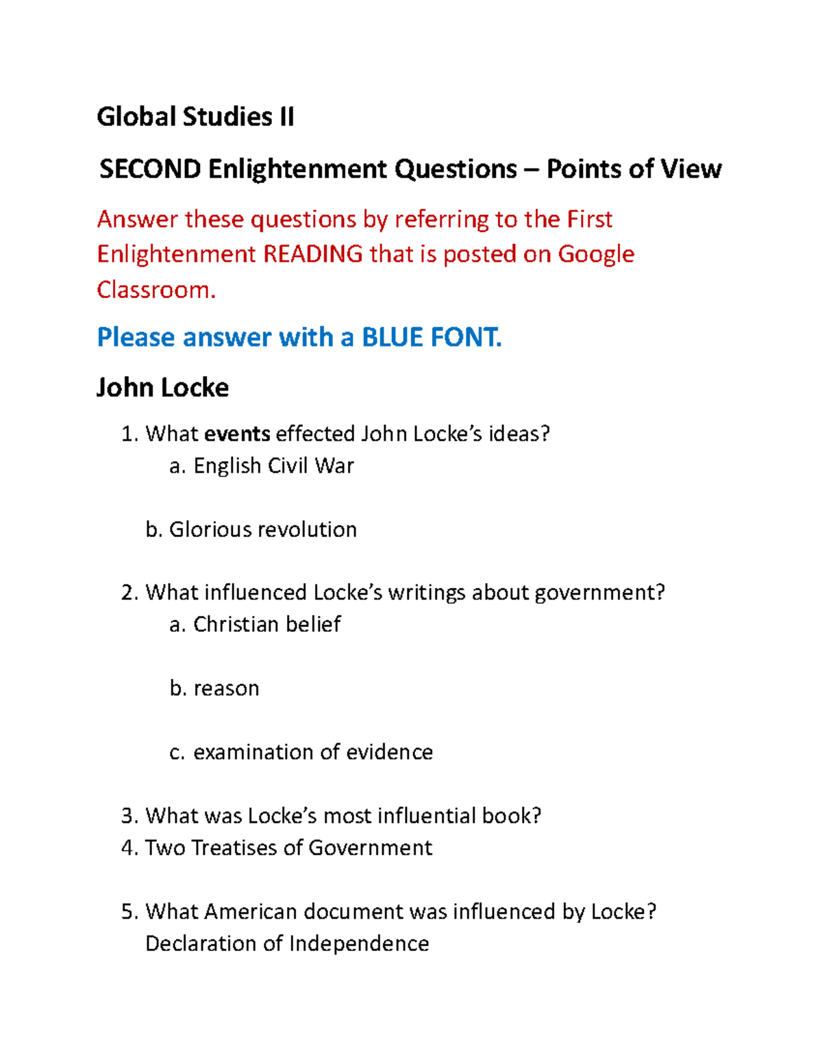 Second Enlightenment - Global Studies II SECOND Enlightenment Questions ...