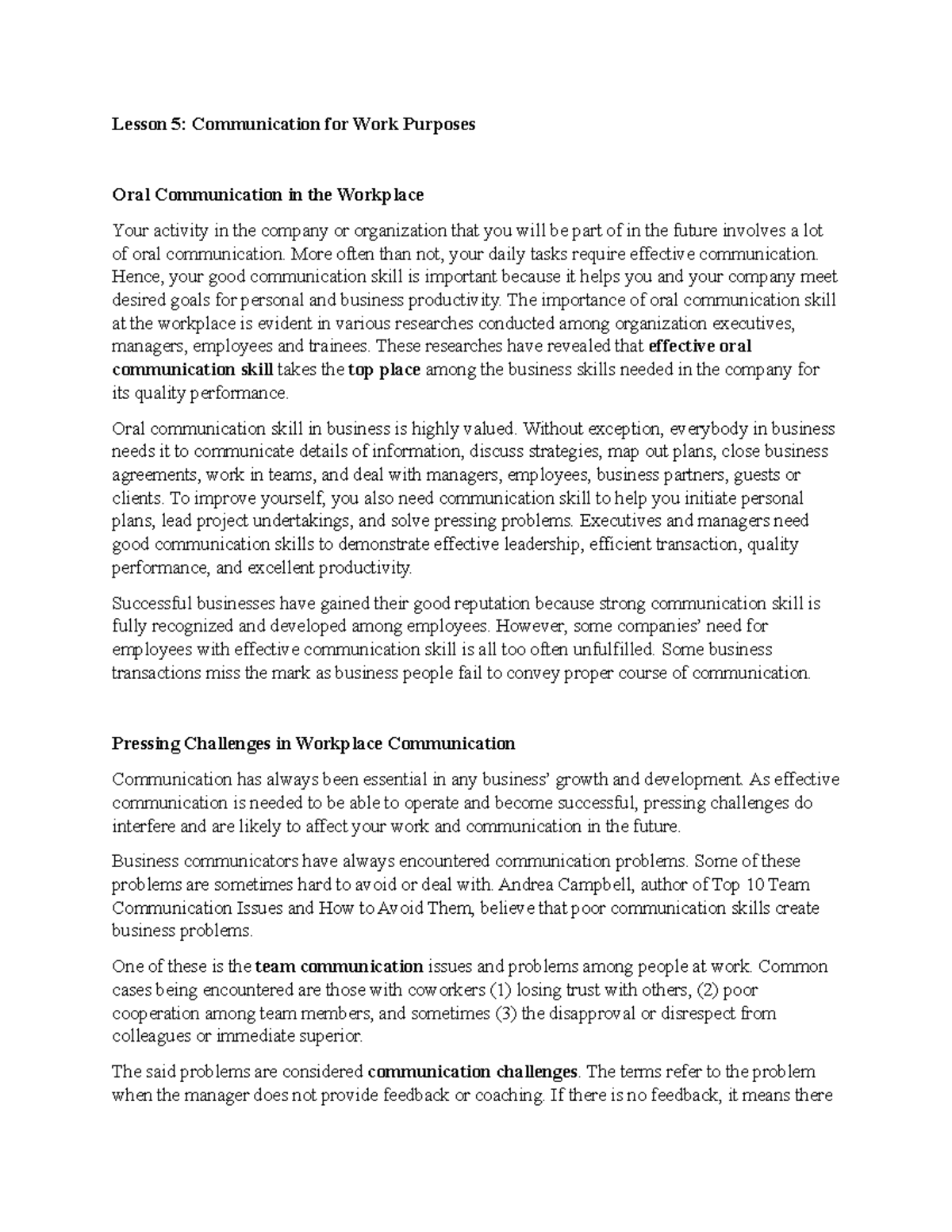 Lesson 5 Purcom This Lecture Notes Is About Communication For Work Purposes This Discusses