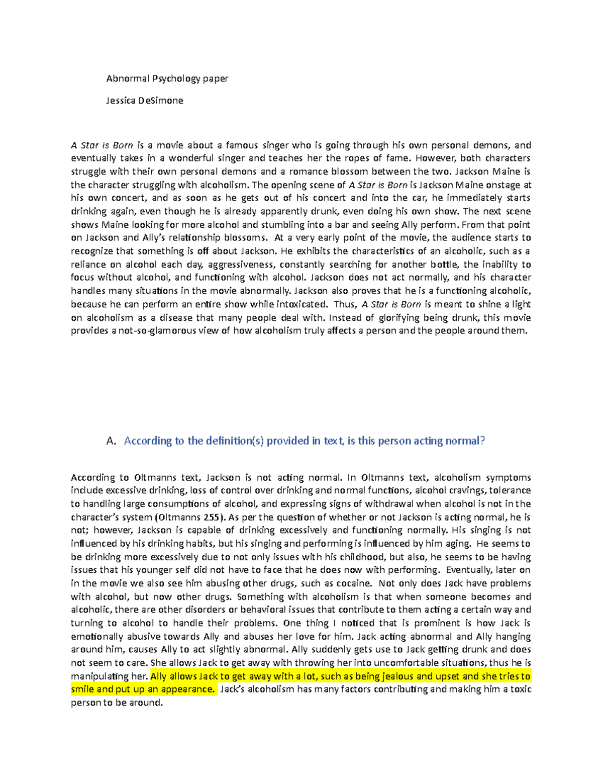 Abnormal Psychology paper - Abnormal Psychology paper Jessica DeSimone ...