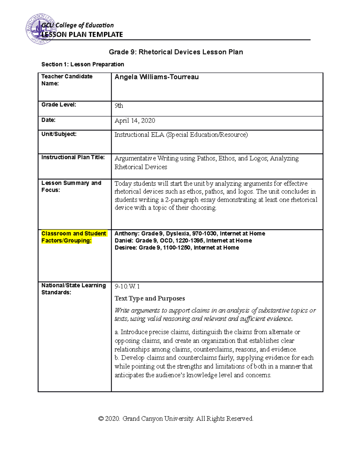 SPD-208 RS T5 Grade 9 Rhetorical Devices Lesson Plan (1) - LESSON PLAN ...