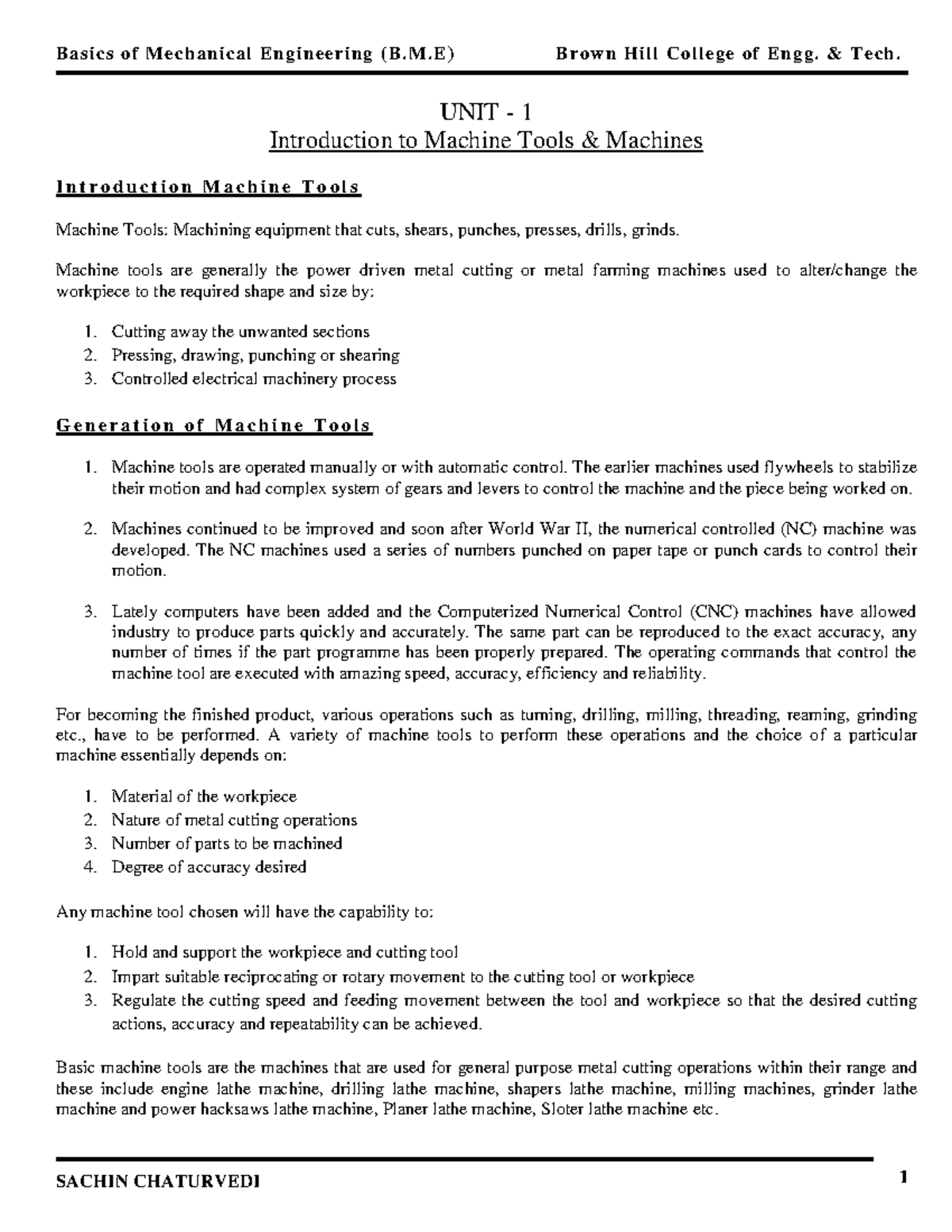 UNIT-1Introduction to machineand machine tool - UNIT - 1 Introduction ...