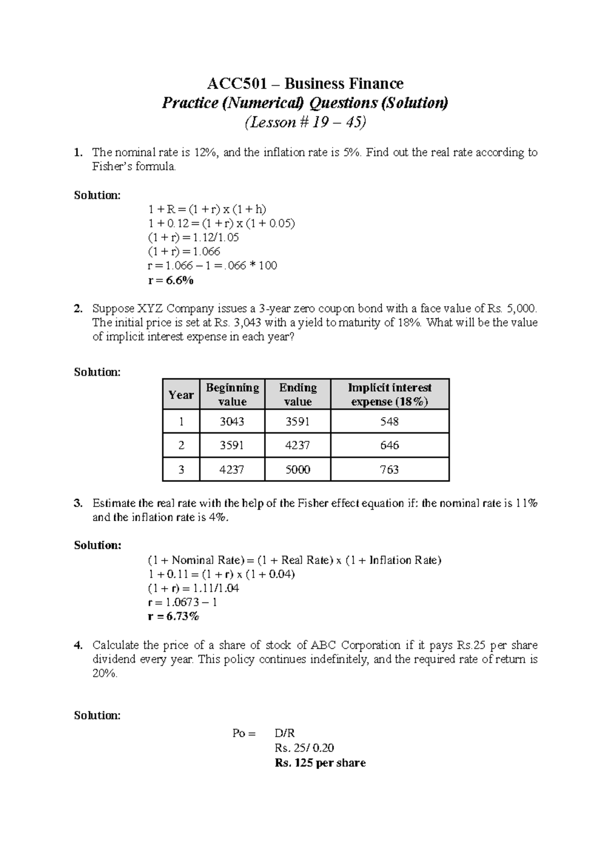 Practice Questions Solution File (Lesson 19 - 45) - ACC501 – Business ...
