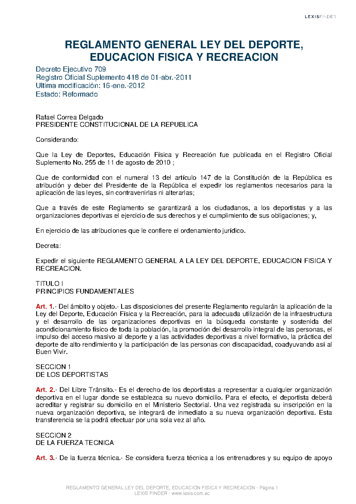 Reglamento a la Ley del Deporte - REGLAMENTO GENERAL LEY DEL DEPORTE, EDUCACION FISICA Y ...