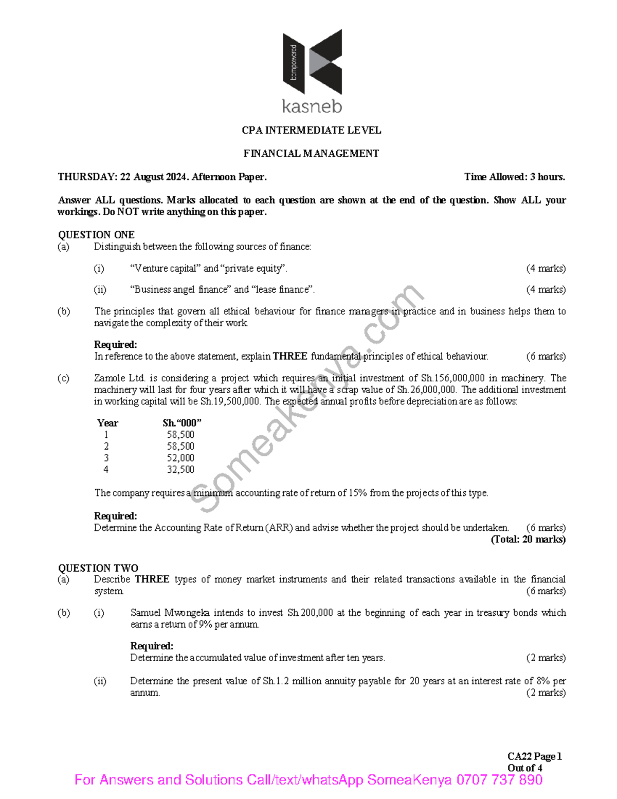 FM August 2024 - CPA PAST PAPER - Someakenya CA22 Page 1 Out of 4 CPA ...