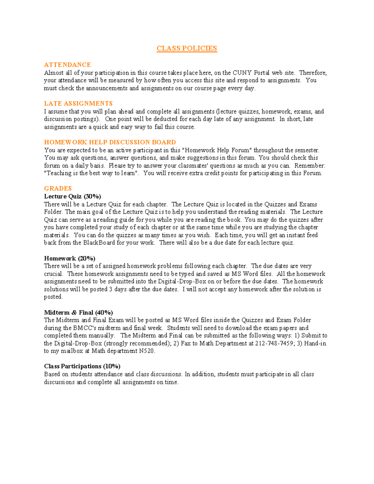 Class Policies - Summary Statistics - CLASS POLICIES ATTENDANCE Almost ...