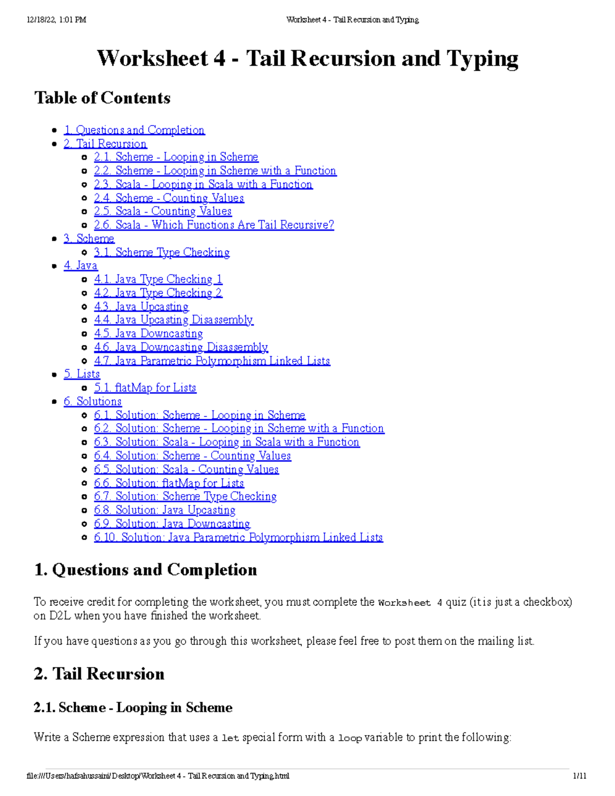 Worksheet 4 - Tail Recursion and Typing - Questions and Completion 2. Tail Recursion 2. Scheme ...