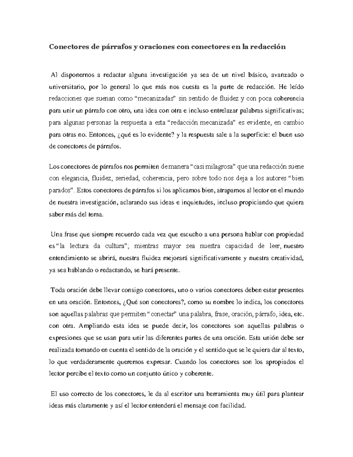 Conectores de párrafos y oraciones con conectores en la redacción ...