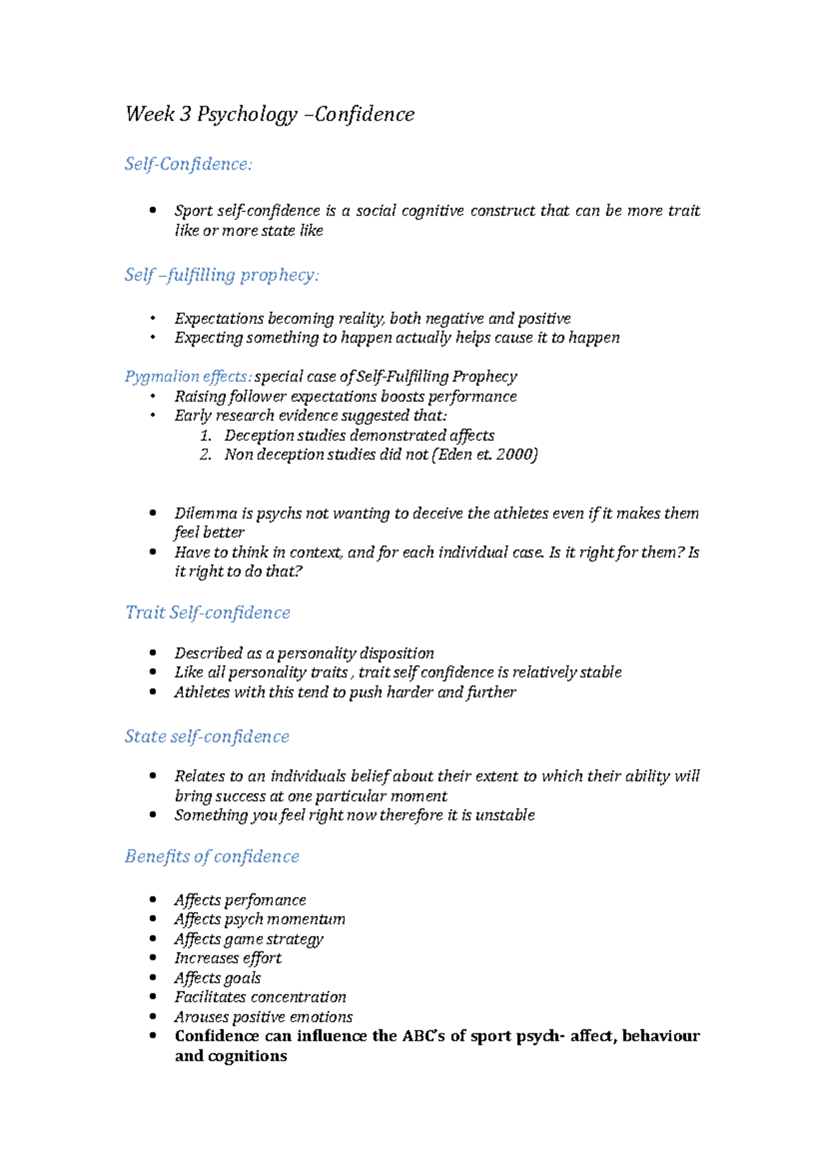 Week 3 P confidence notes - Week 3 Psychology –Confidence Self ...