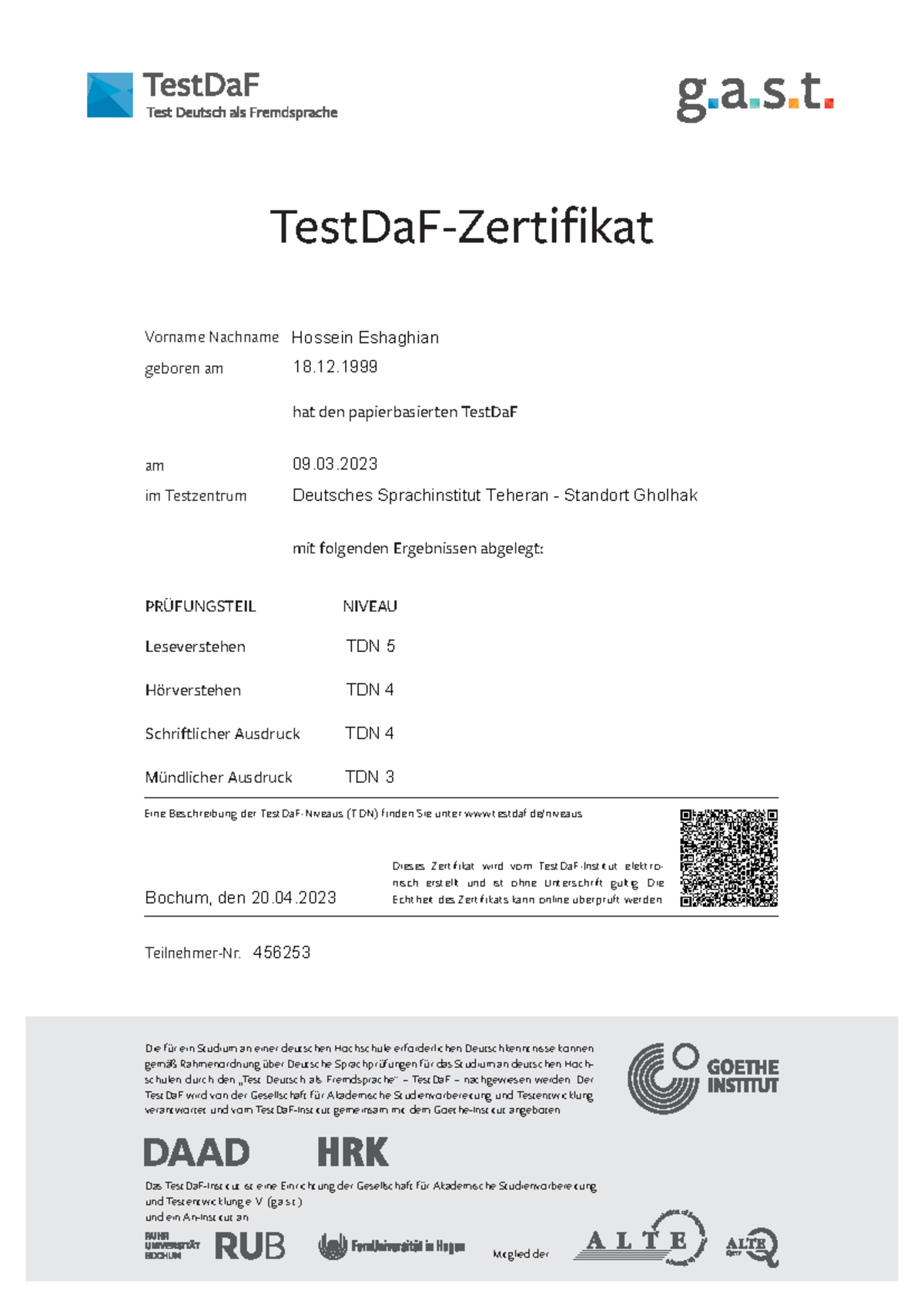 Testdaf zertifikat - Dieses Zertifikat wird vom TestDaF-Institut ...