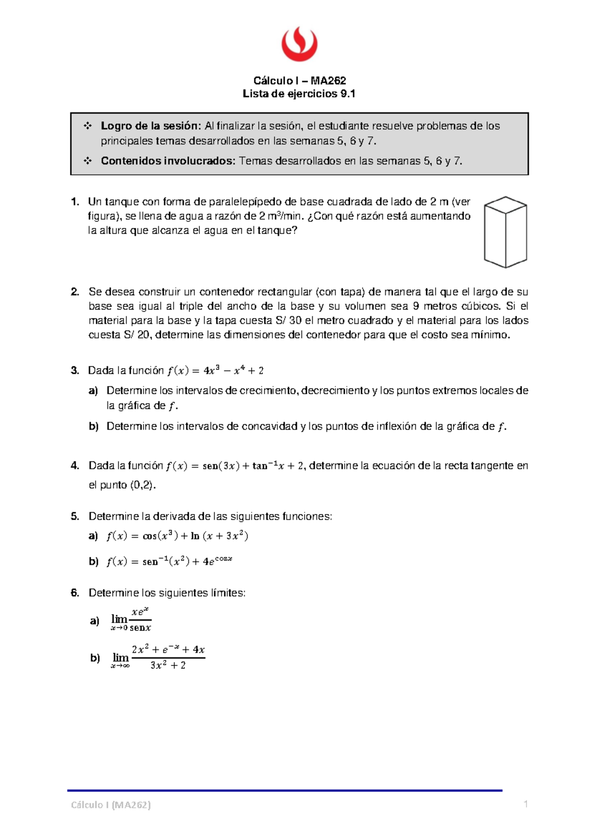 MA262 Lista de ejercicios Sesi n 9 - Cálculo I (MA262) 1 Cálculo I – MA Lista de ejercicios 9. 1 ...