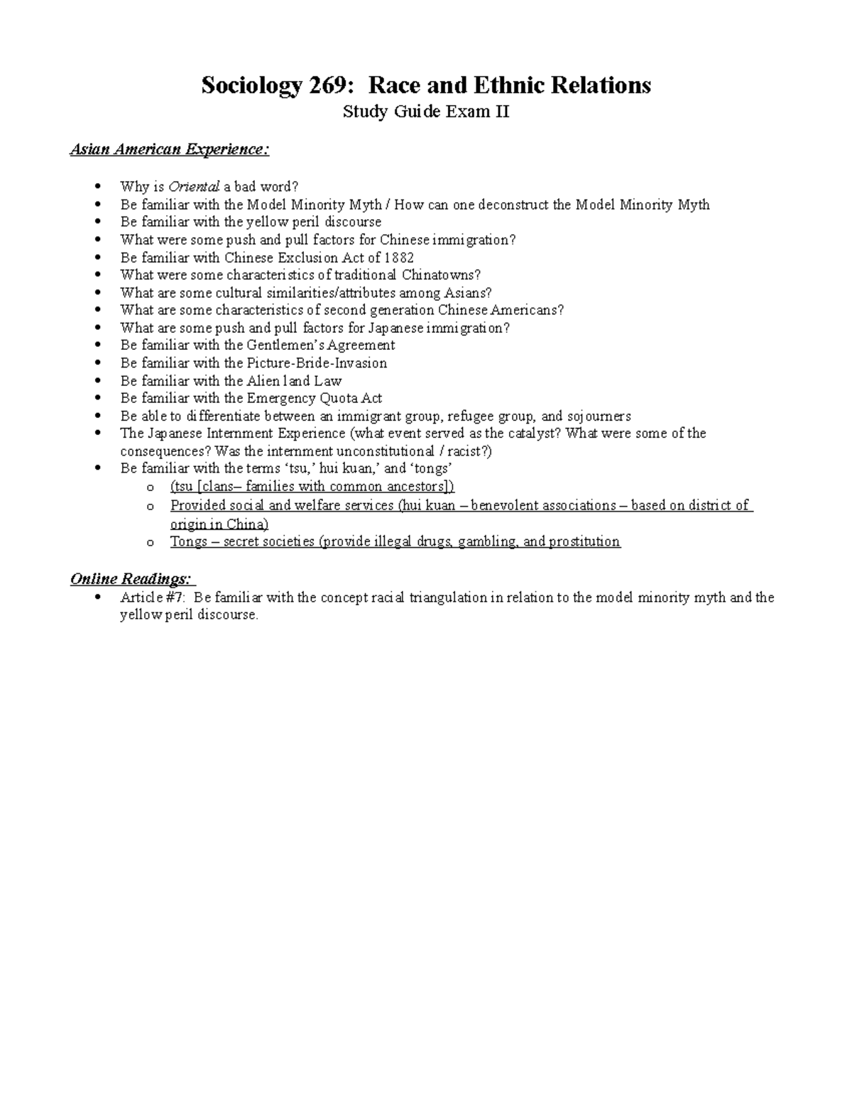 Exam 2 soc 269 Study Guide - Sociology 269: Race and Ethnic Relations ...