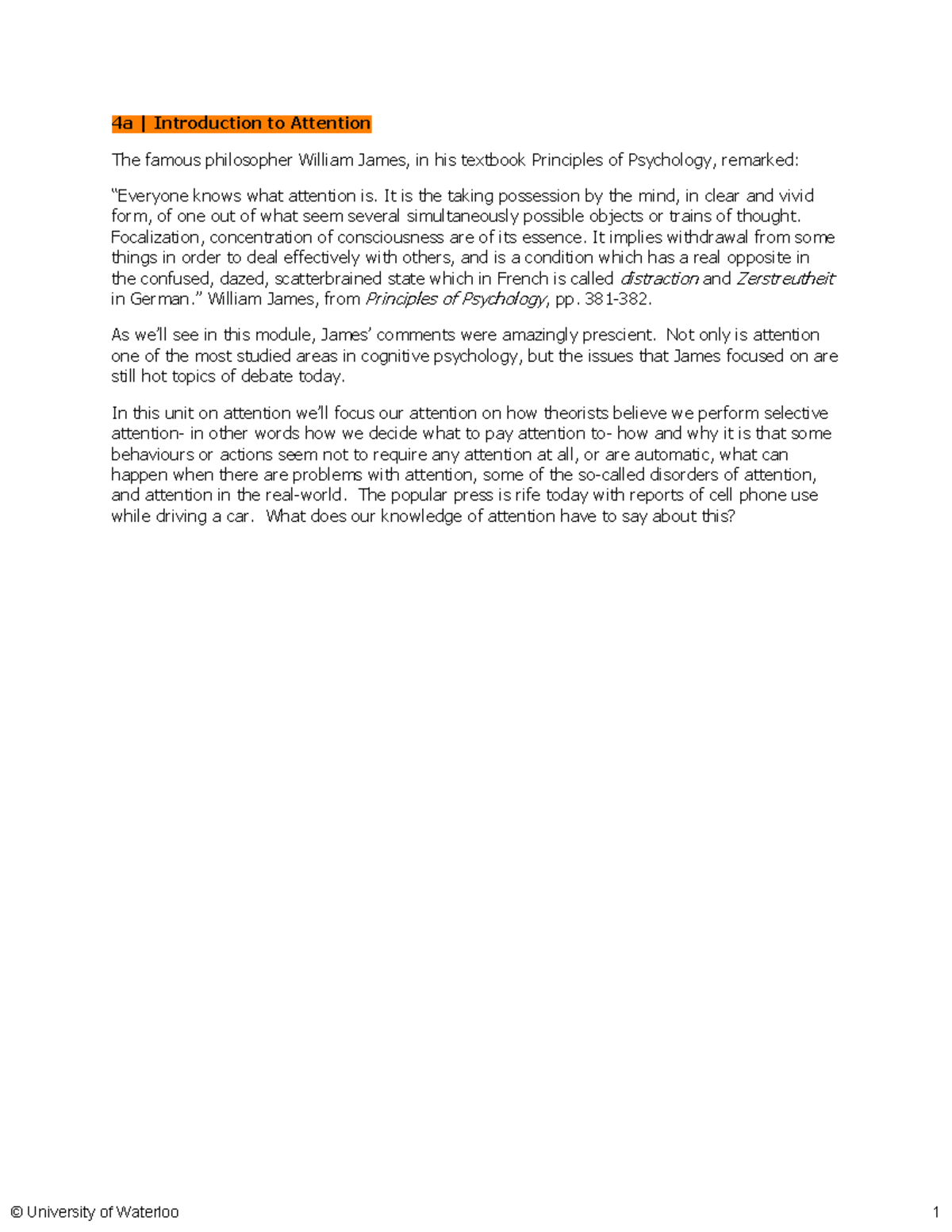 module 04 lecture -transcript - 4a | Introduction to Attention The famous philosopher William ...