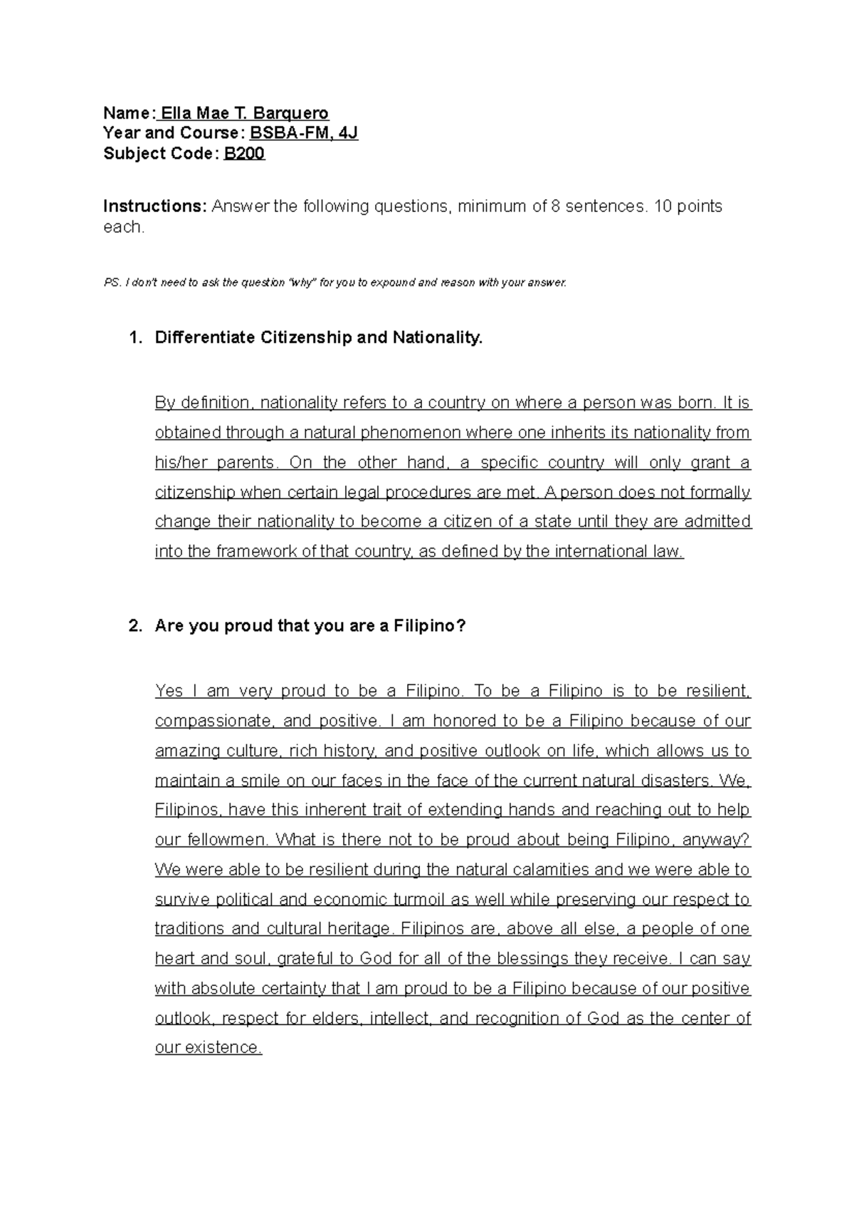 Activity 4 - Testing Waters - Name: Ella Mae T. Barquero Year and ...