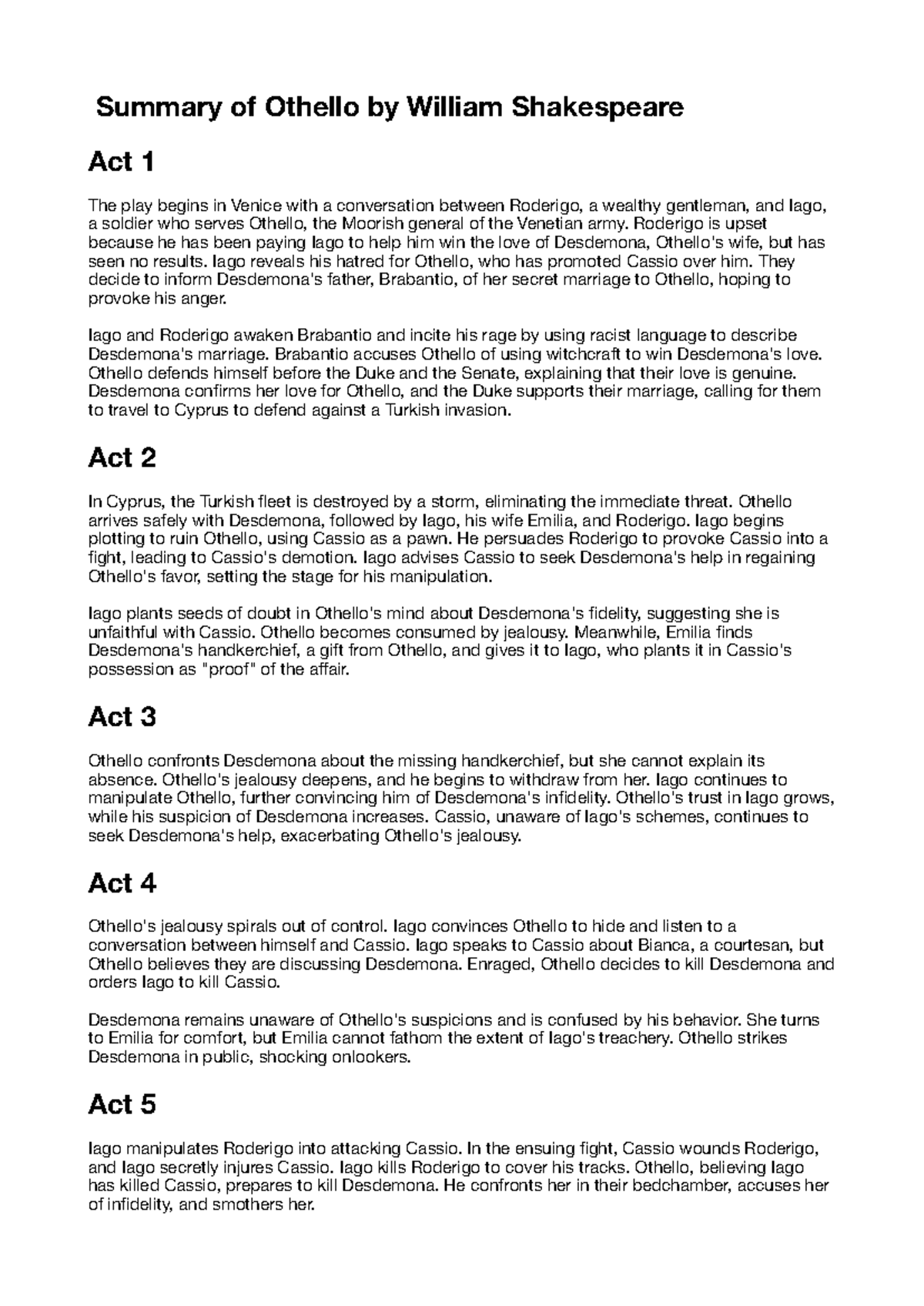 Summary of Othello by William Shakespeare - Roderigo is upset because ...