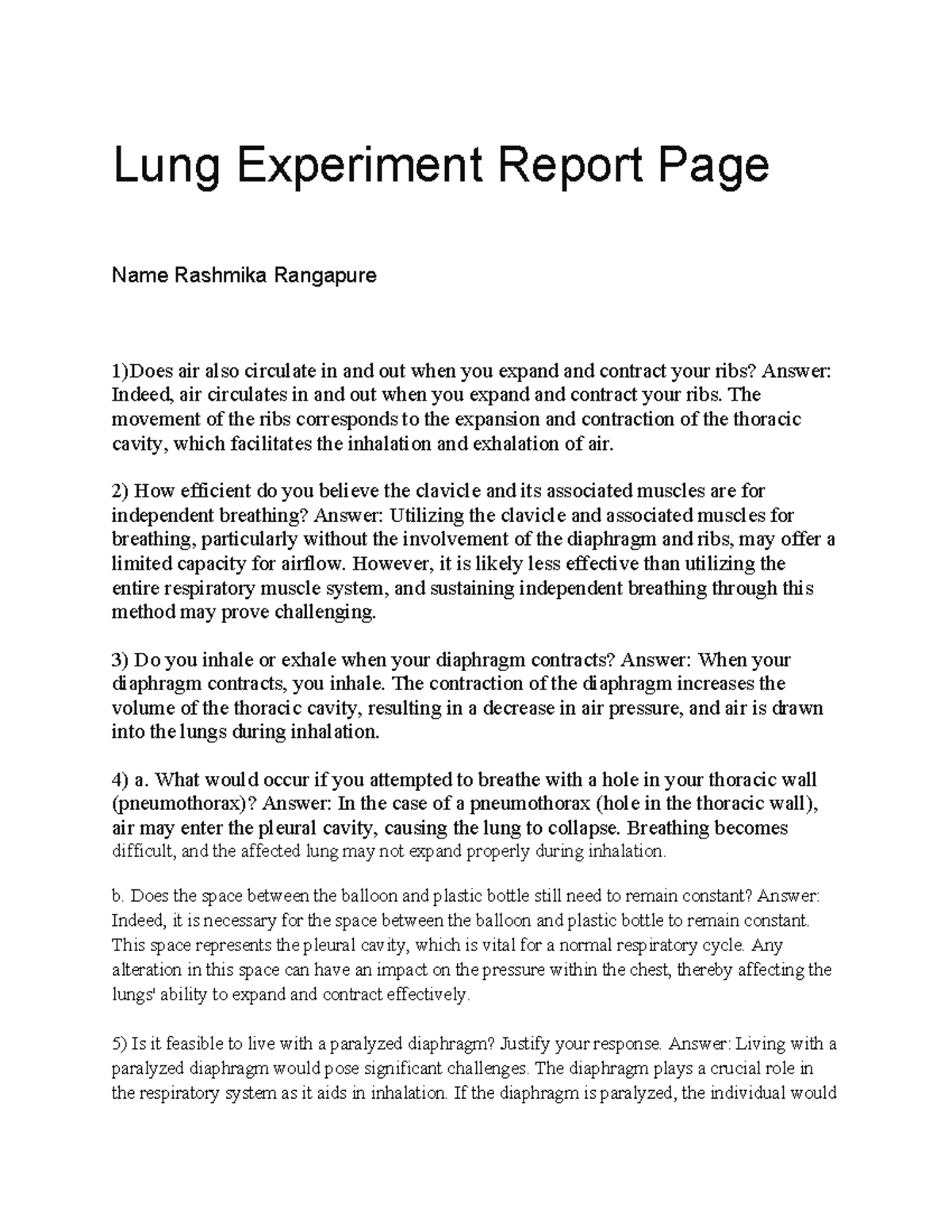 Lung Experiment Report Page - The movement of the ribs corresponds to ...