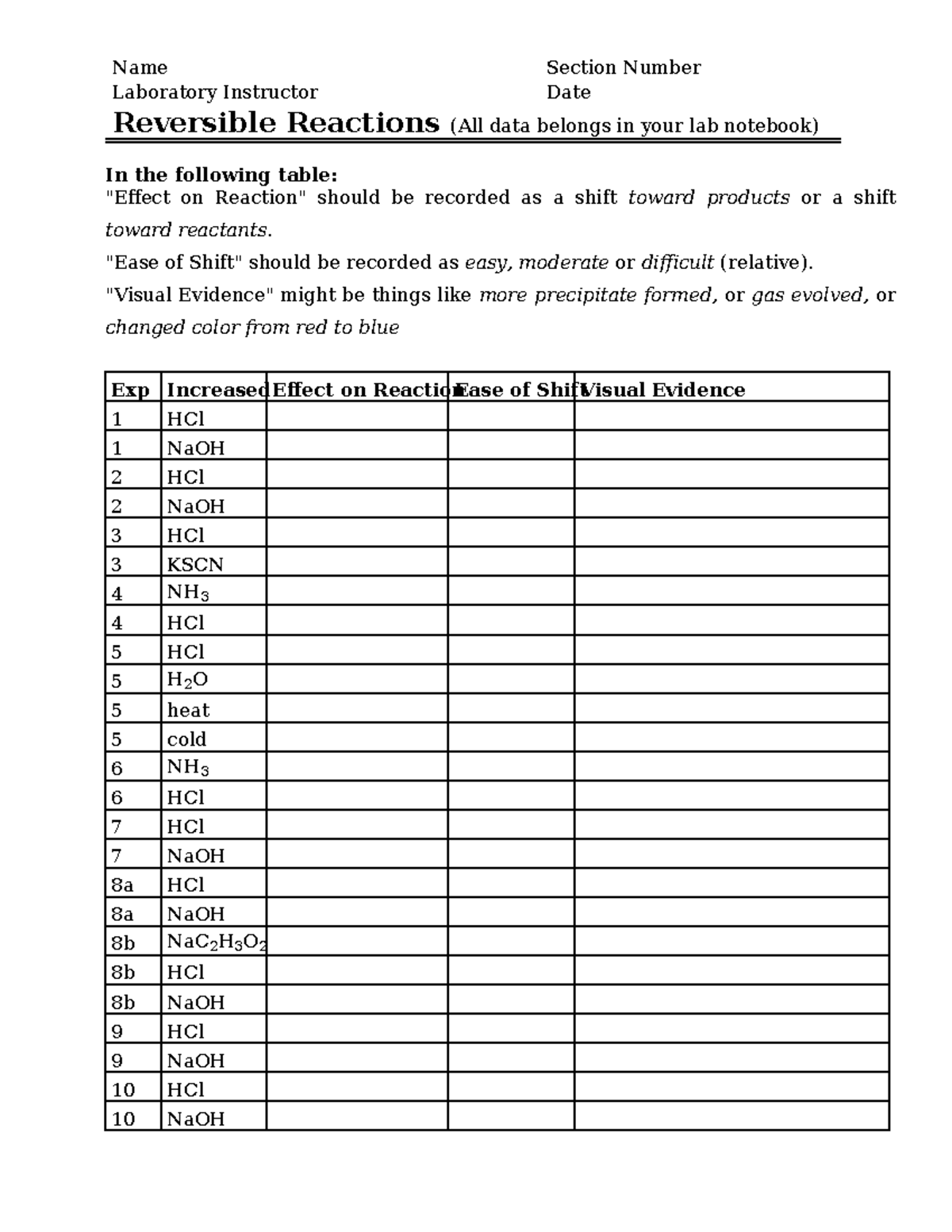 Reversible Reactions - Name Section Number Laboratory Instructor Date ...