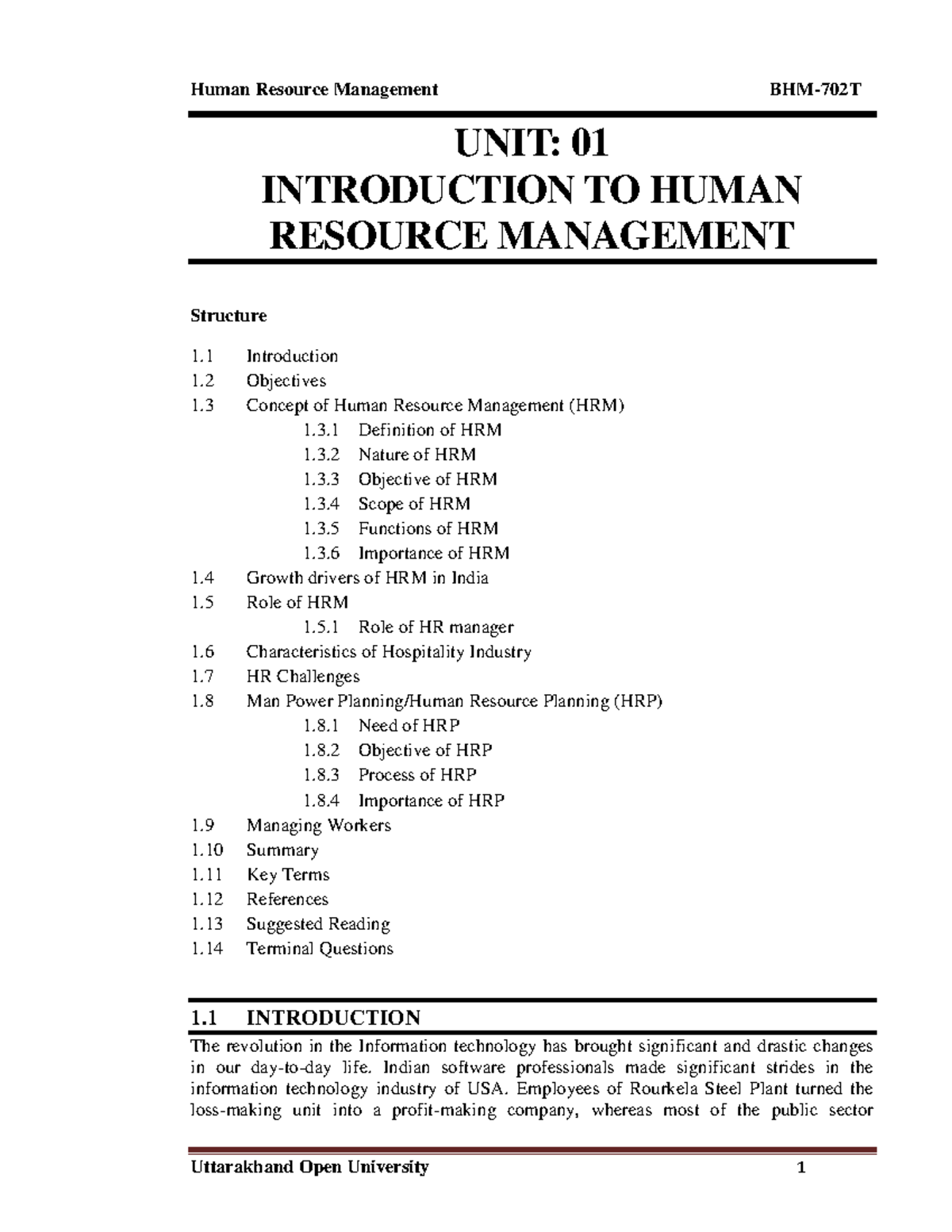 BHM-702T - Good - UNIT: 01 INTRODUCTION TO HUMAN RESOURCE MANAGEMENT ...
