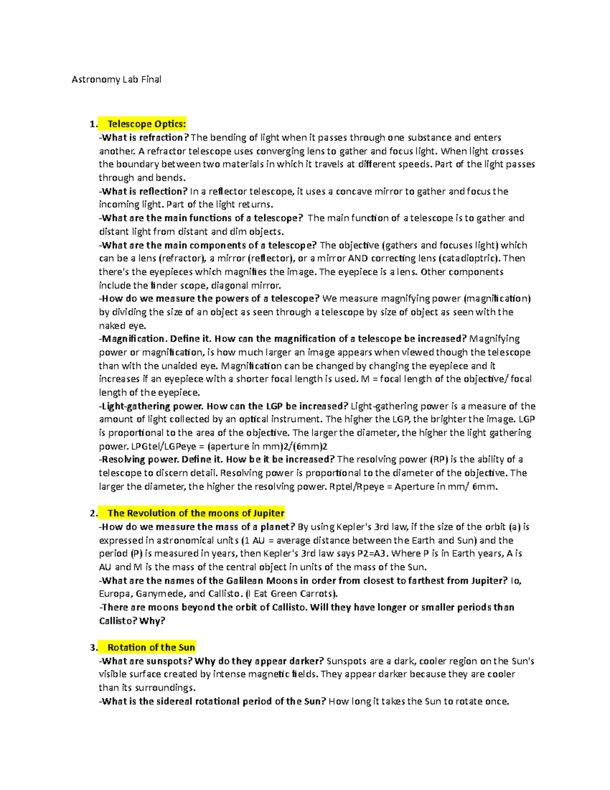 Astronomy Lab Final - Professor Review Sheet - Astronomy Lab Final ...