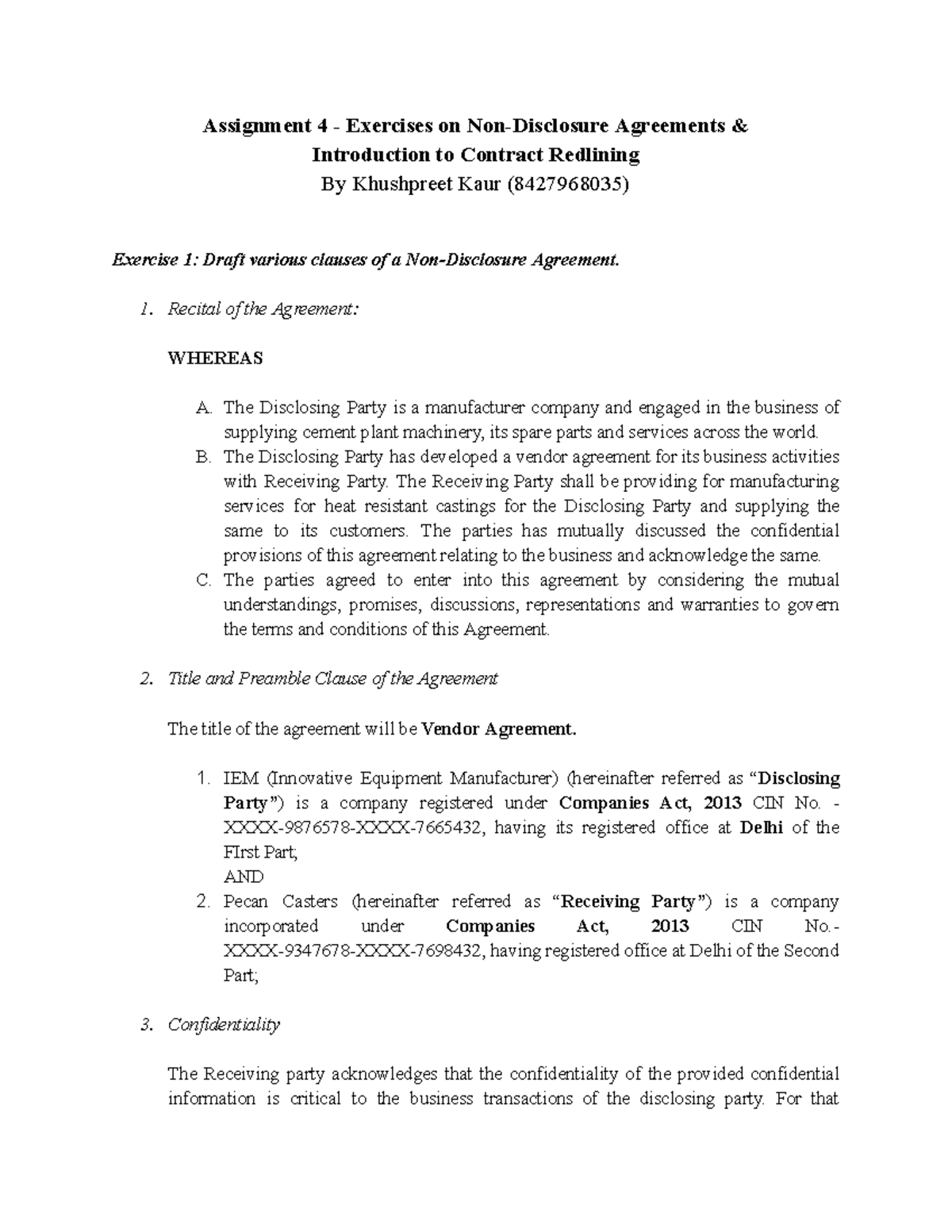 Assignment 4 - Exercises on Non-Disclosure Agreements & - Assignment 4 - Exercises on Non ...