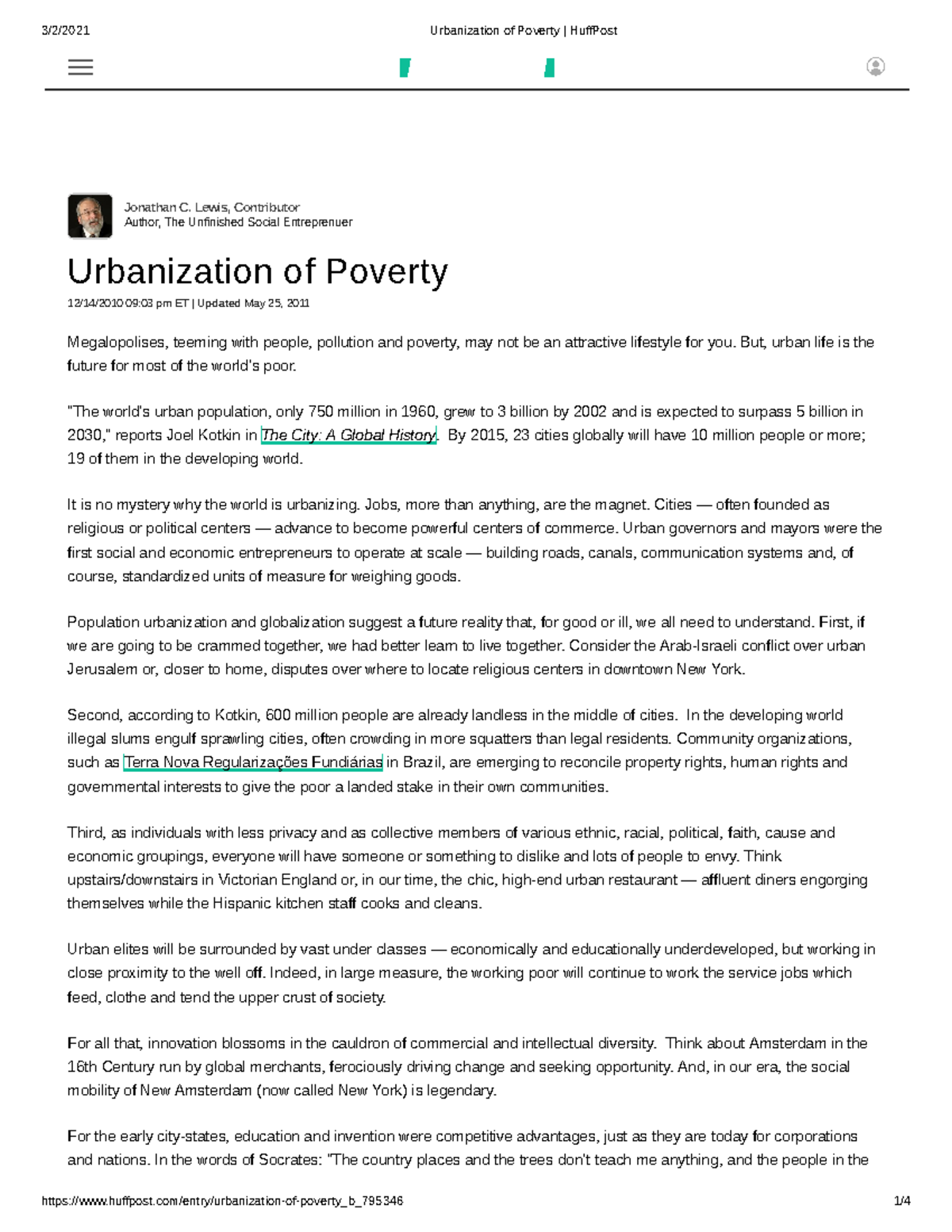 Urbanization of Poverty Huff Post - Jonathan C. Lewis, Contributor ...