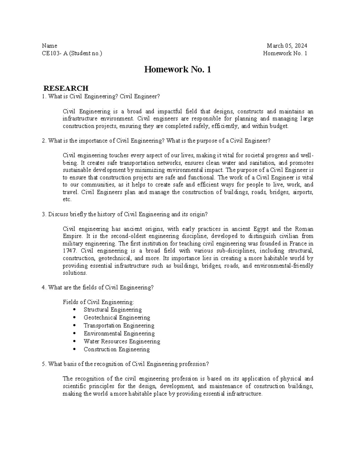 CE103 Format - Name March 05, 2024 CE103- A (Student no.) Homework No ...