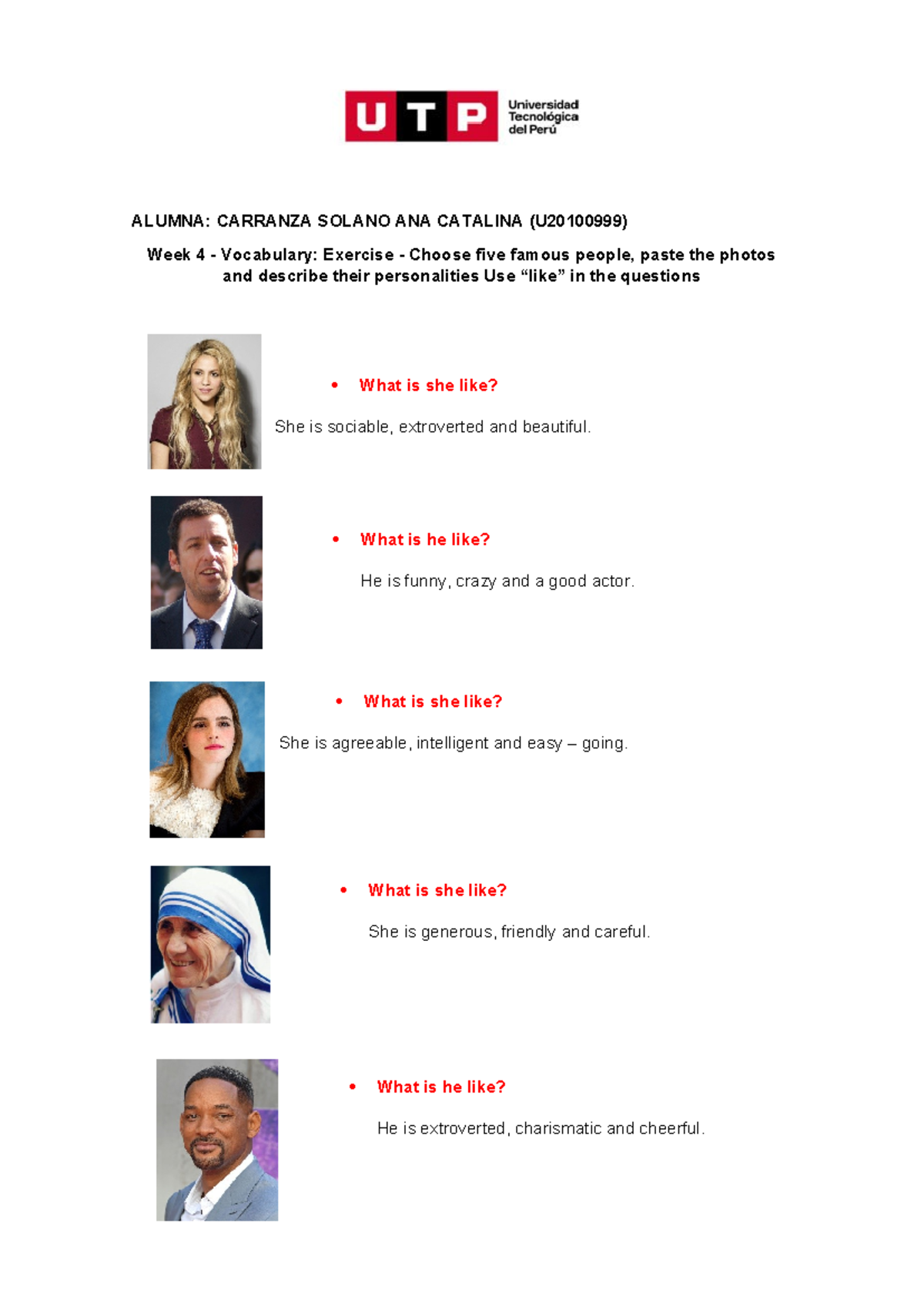 Week 4 Vocabulary Exercise Choose five famous people - ALUMNA: CARRANZA ...