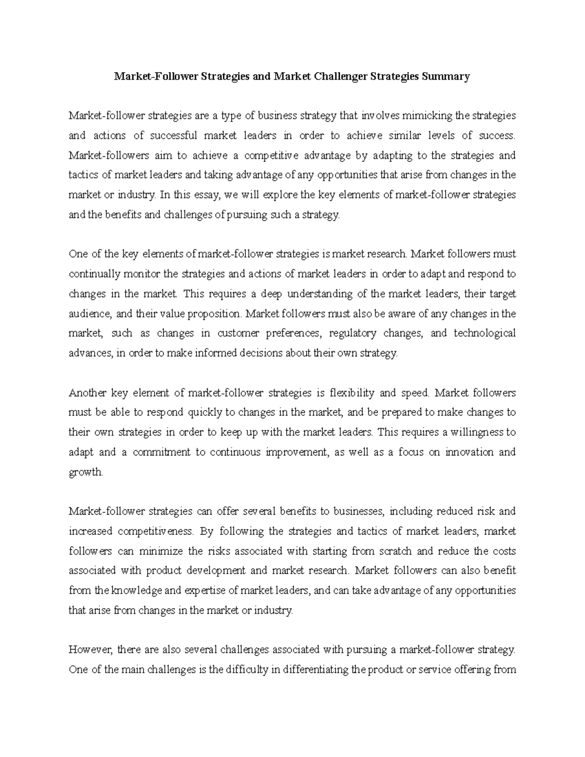 Market-Follower Strategies and Market Challenger Strategies Summary ...