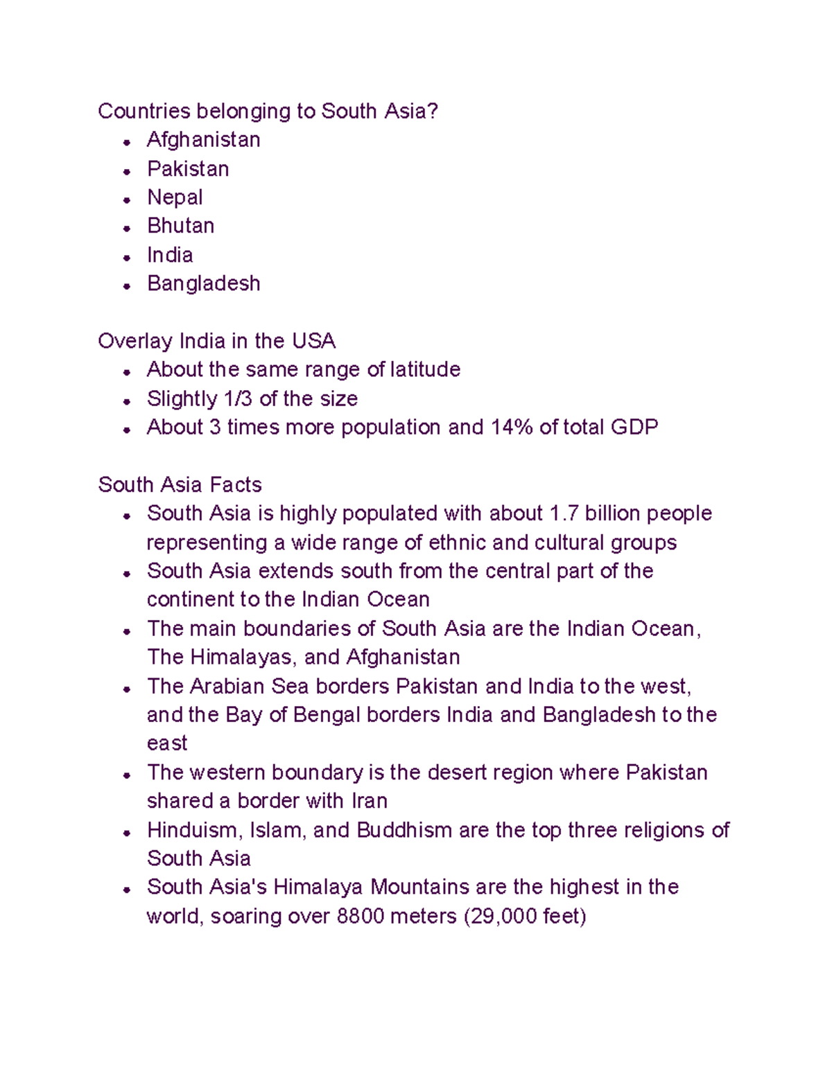 Week 3 WRG notes - South Asia - Countries belonging to South Asia ...