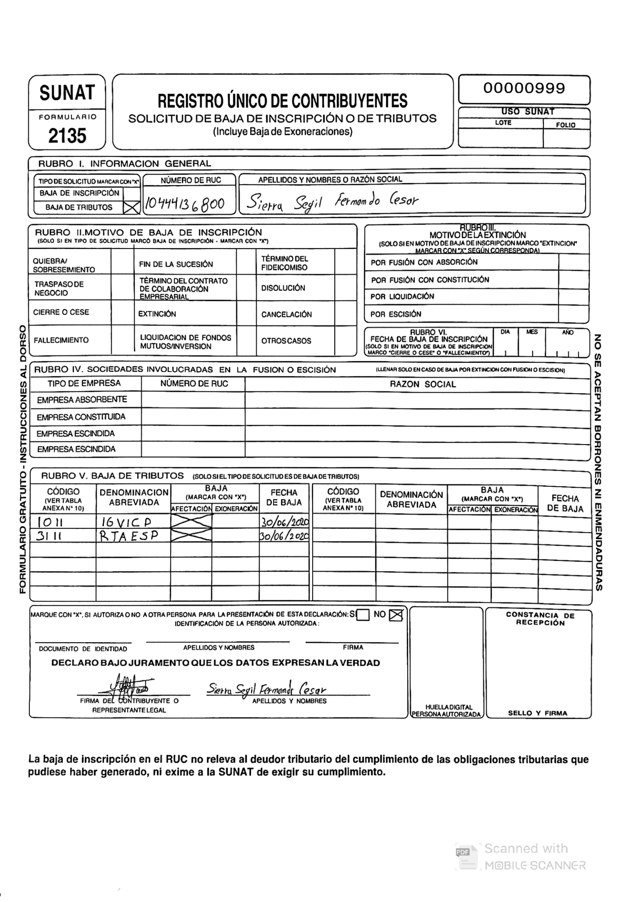 FORM 2135 - asdasdasd - SUNAT 00000999 REGISTRO ÚNICO DE CONTRIBUYENTES ...