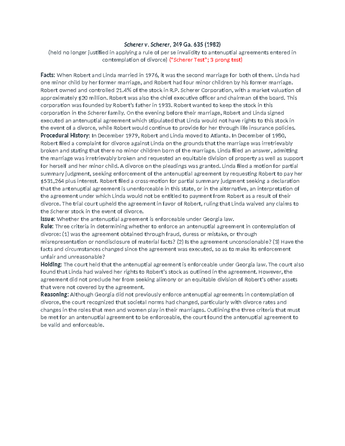 DR Case Briefs - Summary Family Law - Scherer v. Scherer, 249 Ga. 635 ...