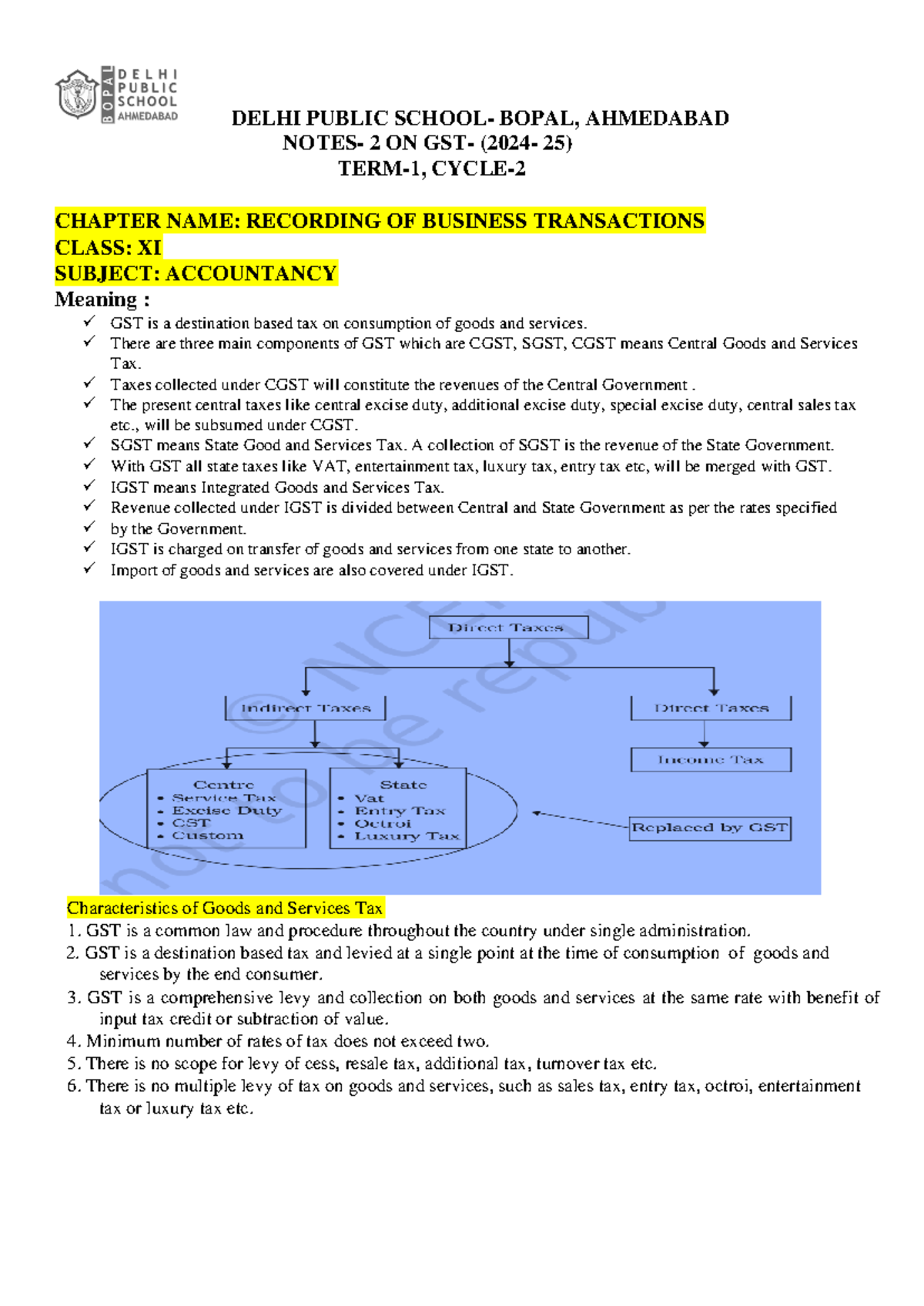 GST Notes - . . - DELHI PUBLIC SCHOOL- BOPAL, AHMEDABAD NOTES- 2 ON GST ...