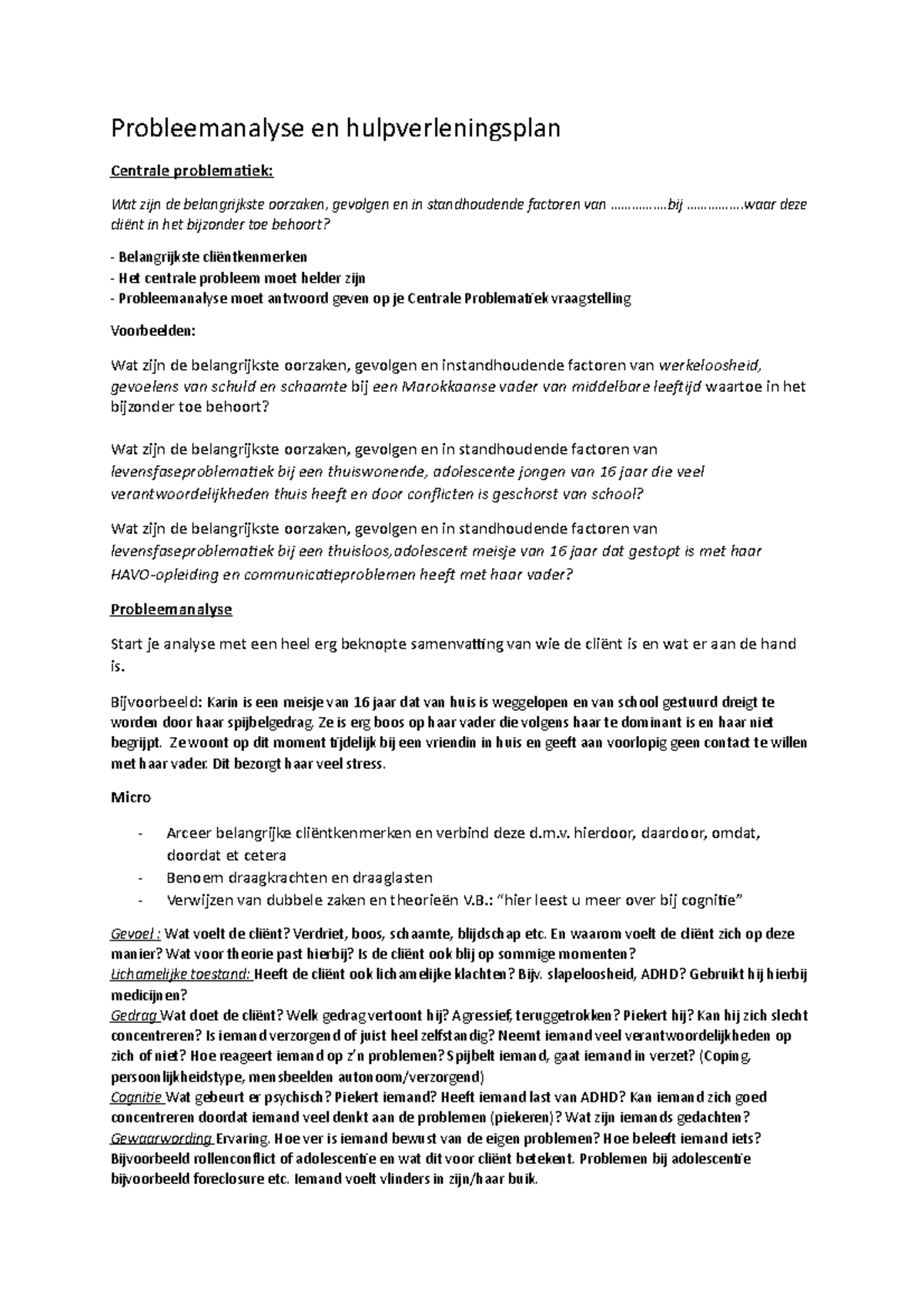 Probleemanalyse en hulpverleningsplan - Bijvoorbeeld: Karin is een ...