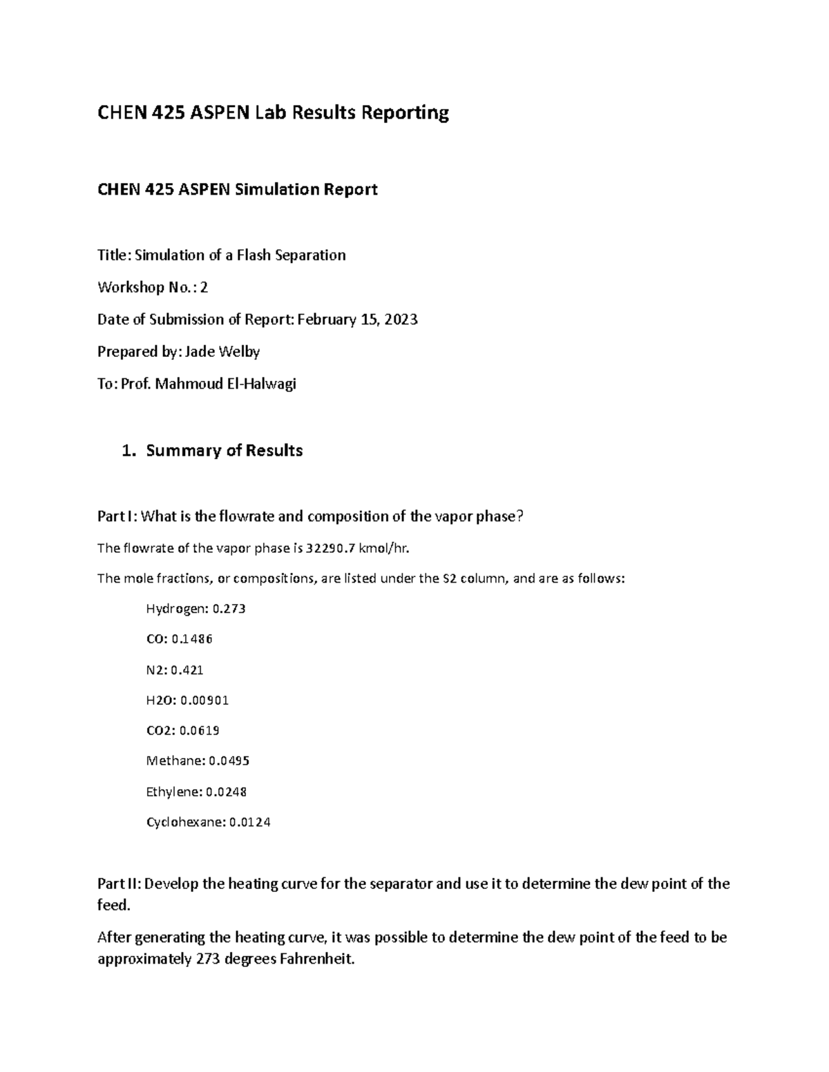 Lab2Rough Draft - info - CHEN 425 ASPEN Lab Results Reporting CHEN 425 ...