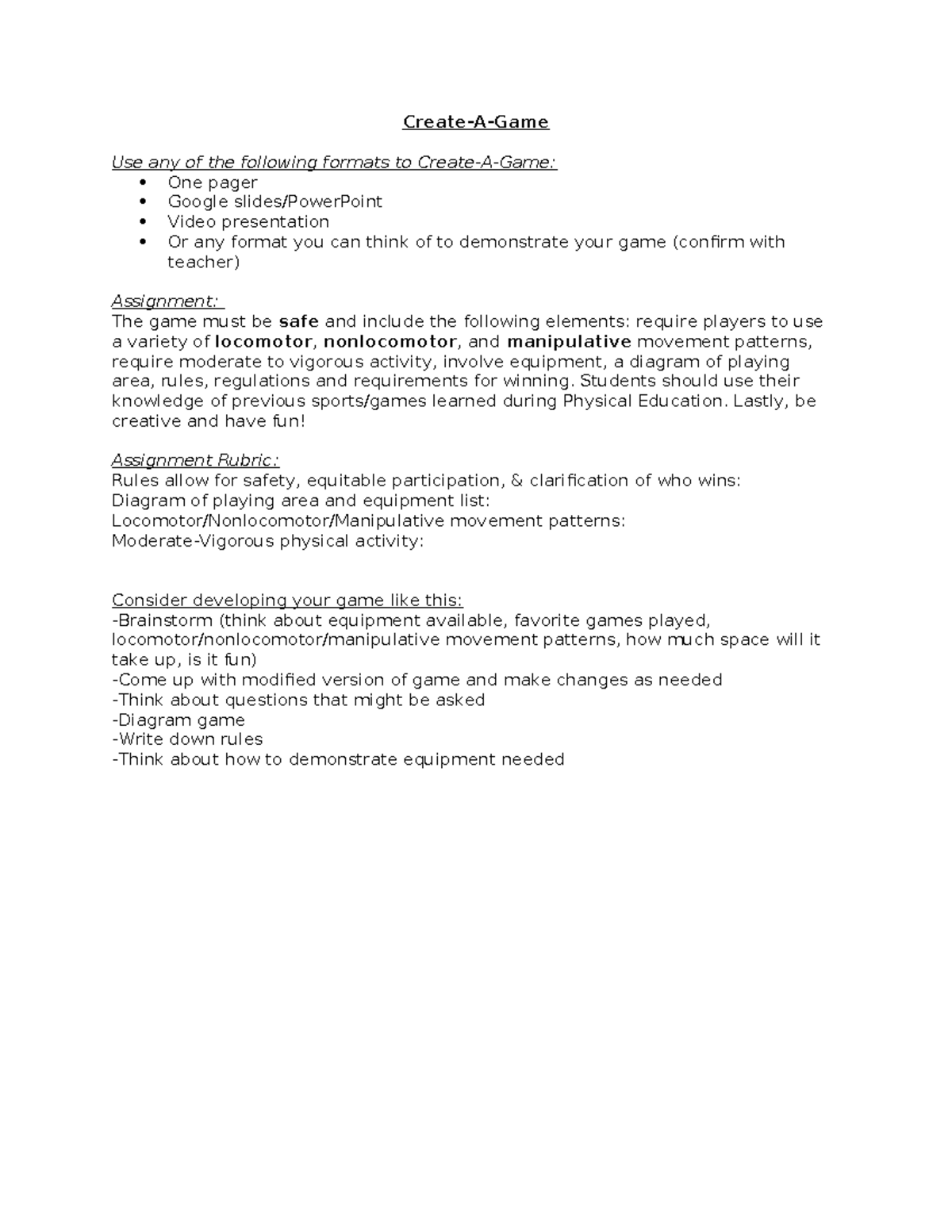Create A Game - Work - Create-A-Game Use any of the following formats ...