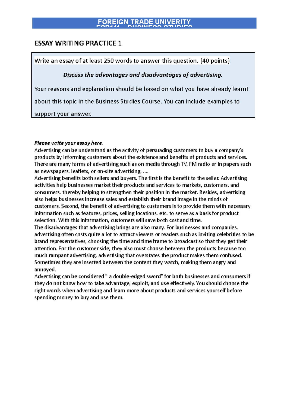 Practice 1 QN - QKA - ESSAY WRITING PRACTICE 1 Write an essay of at ...