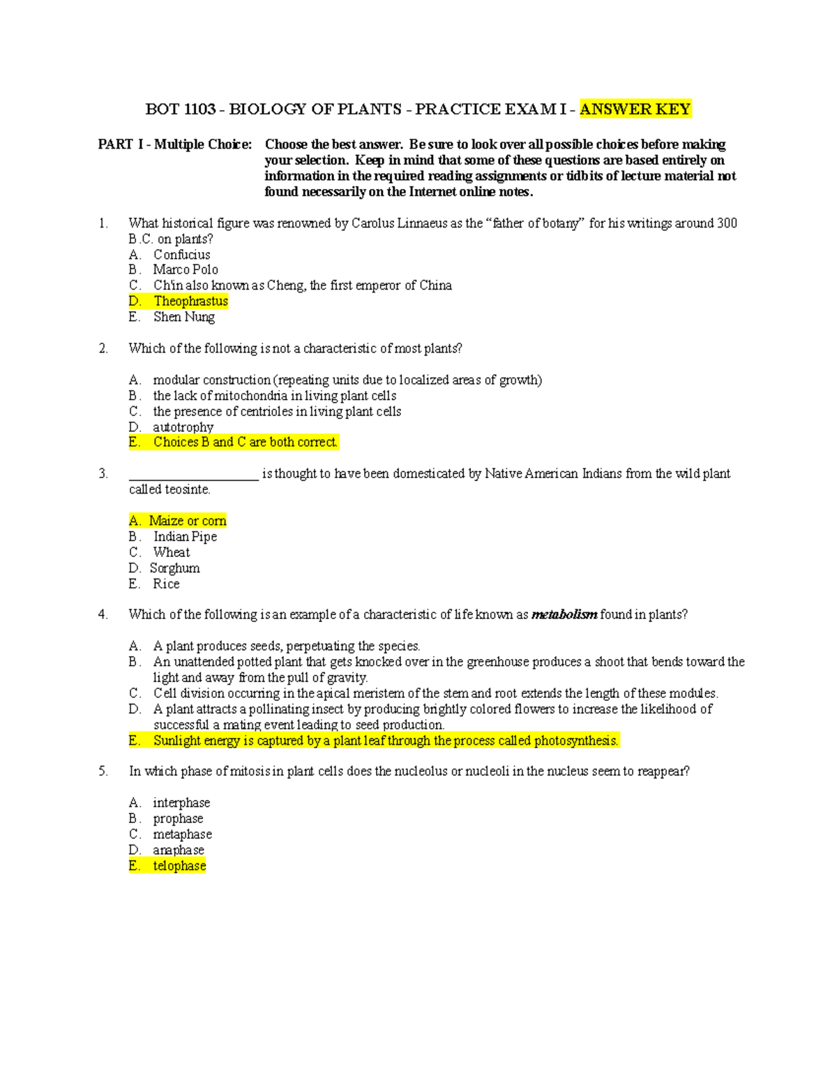 Botany Practice TEST I Answer KEY BOT 1103 BIOLOGY OF PLANTS Botany Practice TEST I Answer KEY BOT 1103 BIOLOGY OF PLANTS
