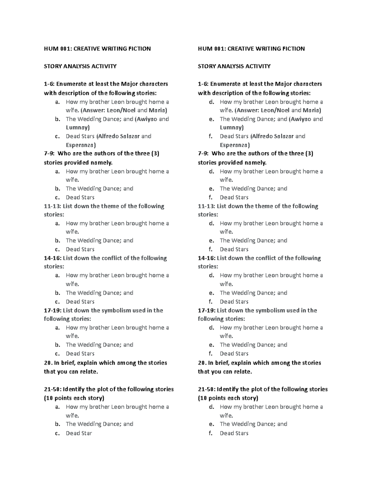 Story Analysis Activity - HUM 001: CREATIVE WRITING FICTION STORY ...
