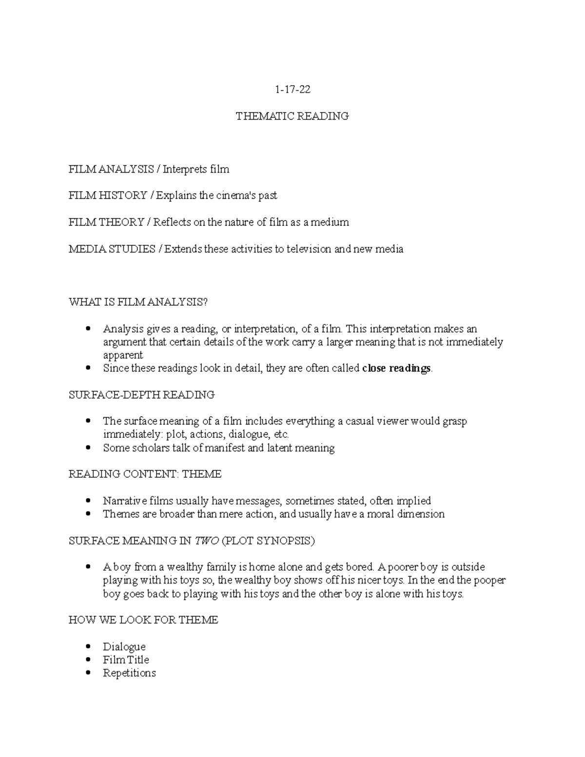 Thematic Reading - Lecture Notes from Professor Cagle - 1-17- THEMATIC ...